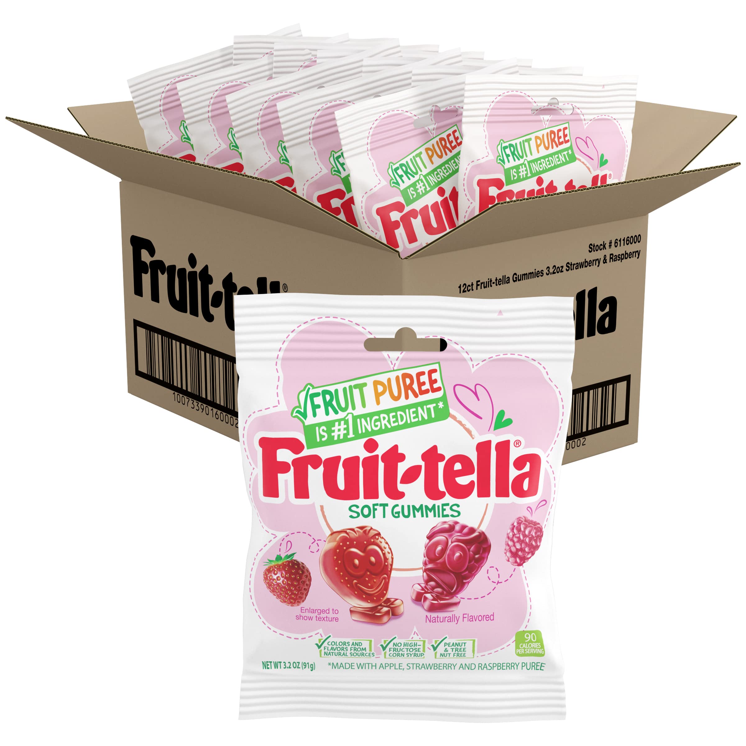 Fruit-tella Soft Gummy Candy, Strawberry and Raspberry Fruit Flavors, 3.2 oz (Pack Of 12); Peanut & Tree Nut Free, No High-Fructose Corn Syrup, Naturally Flavored