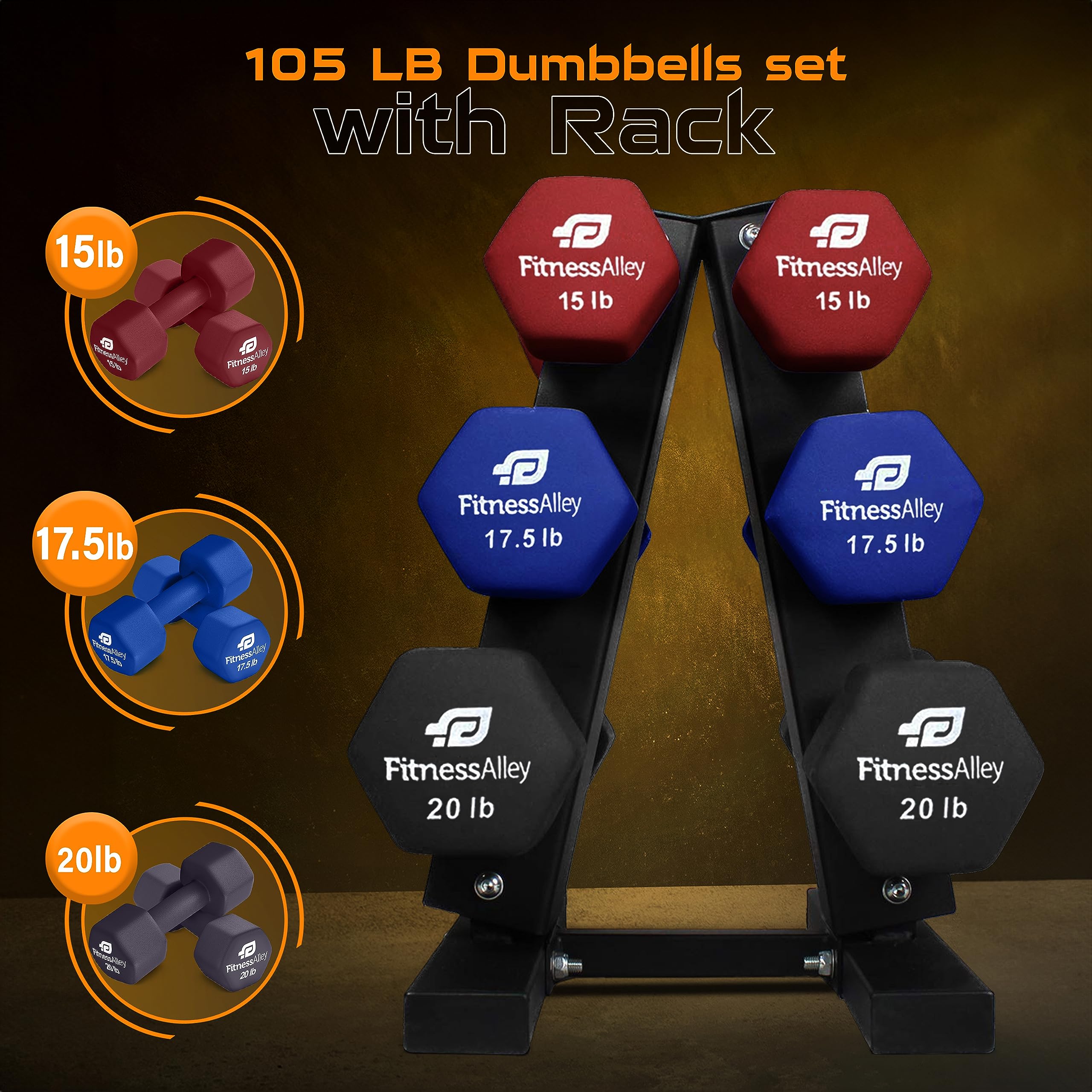 Fitness Alley Neoprene Dumbbells A Frame Rack - Free Weights Hex Hand Weights - Gym Exercise 5 Pairs Set (3lb, 5lb, 8lb, 10lb, 12lb) with 5 Tier Rack