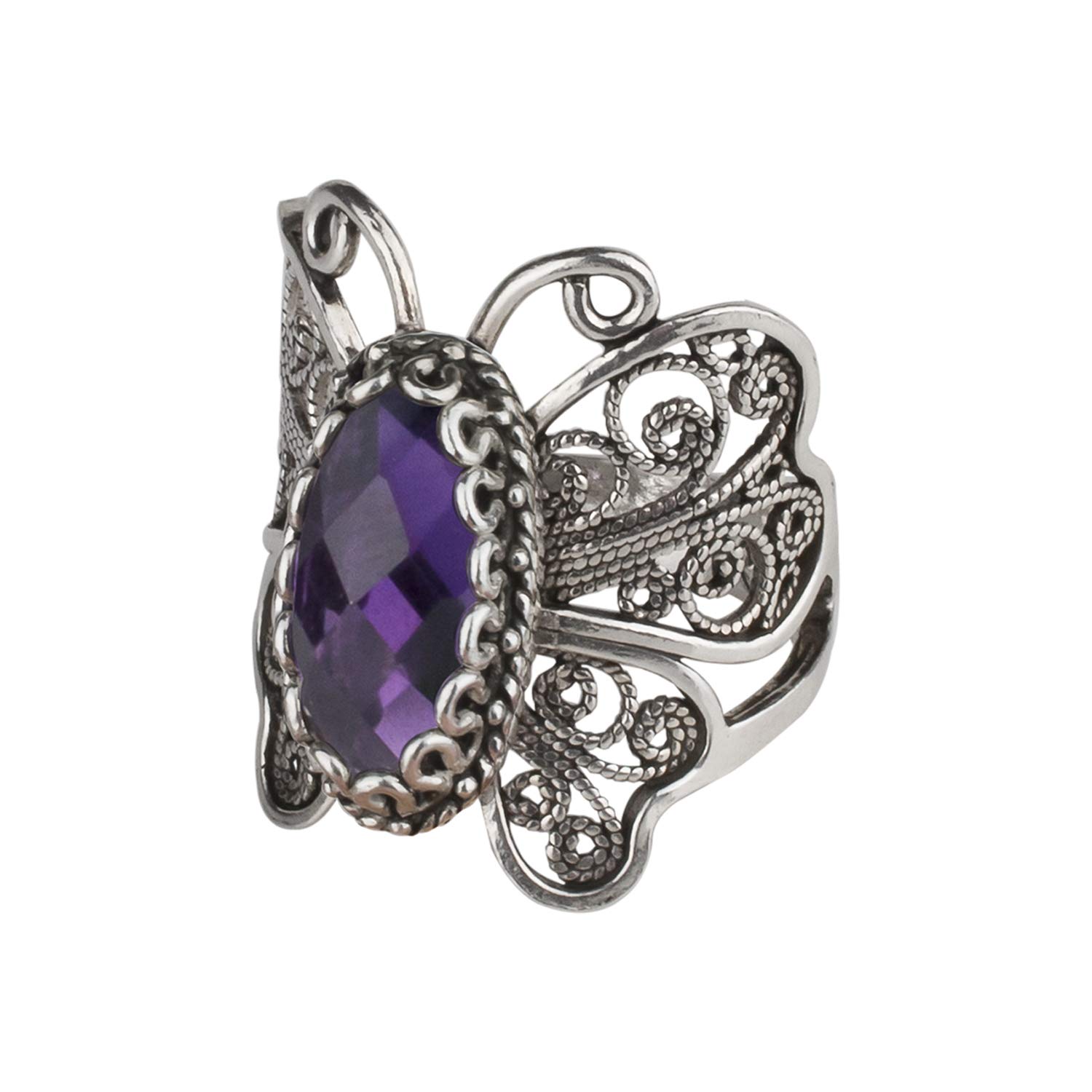 Genuine Amethyst Citrine Blue Topaz Gemstone 925 Sterling Silver Filigree Style Butterfly Figured Ring for You and Your Precious (Size 5-12) (7, Amethyst)