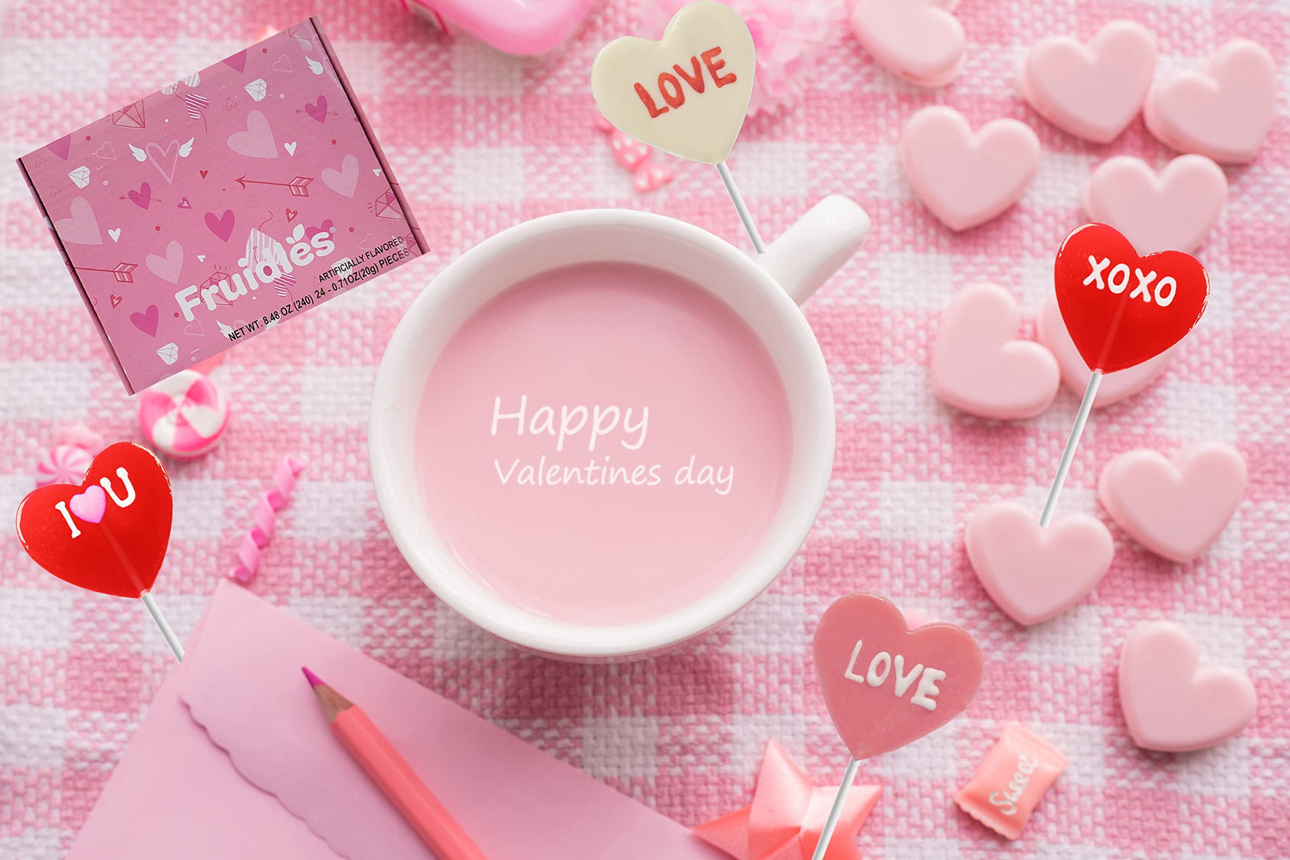 Fruidles Valentine's Day Lollipop Sucker, Red Lips, Be Mine & Love You Heart Suckers, Individually Wrapped (24-Pack)
