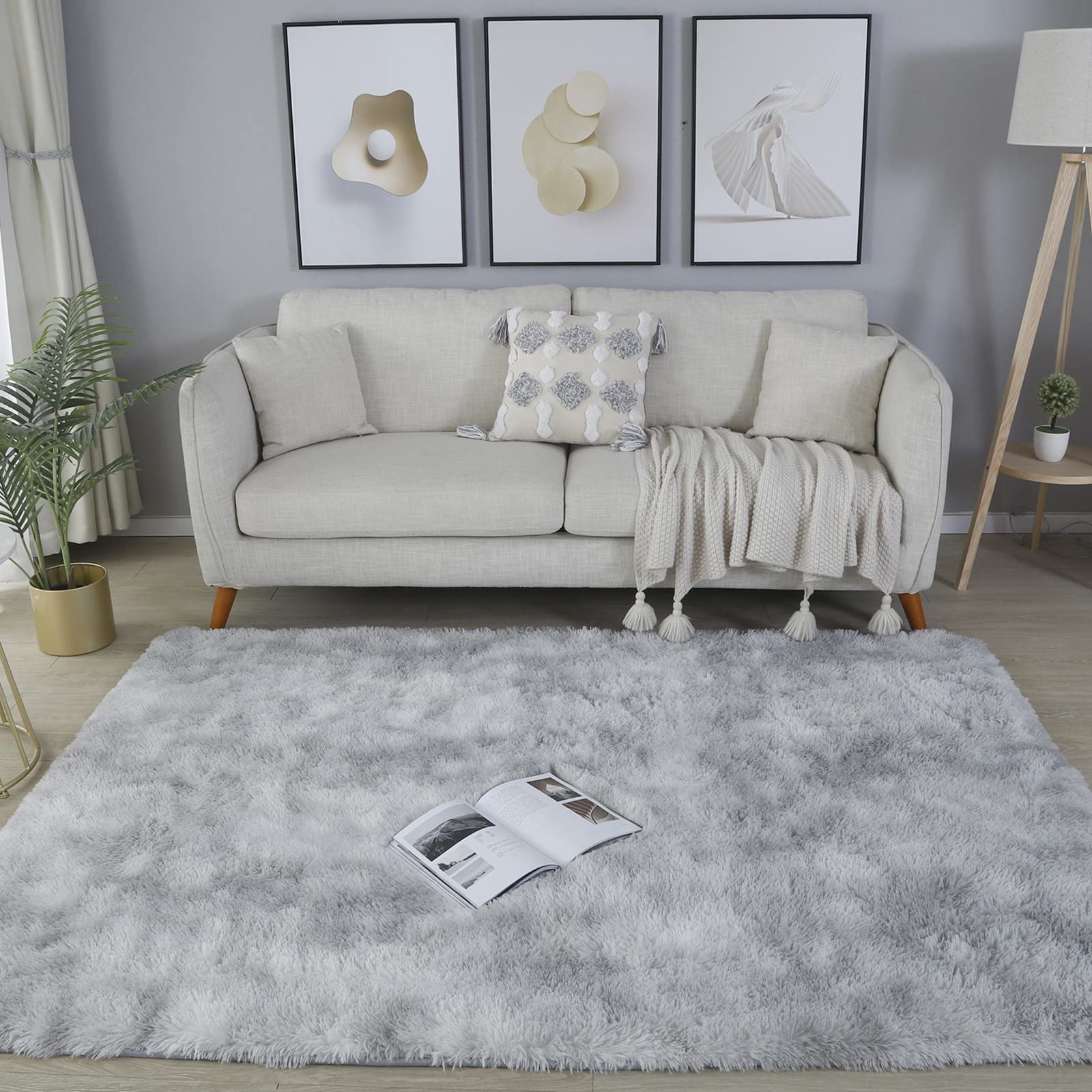 GERBIT Shag Area Rug 9x12 Feet Soft Indoor Rectangular Rugs Carpet Modern Luxury Plush Rugs for Living Room Home Decor Tie-Dyed Light Gray