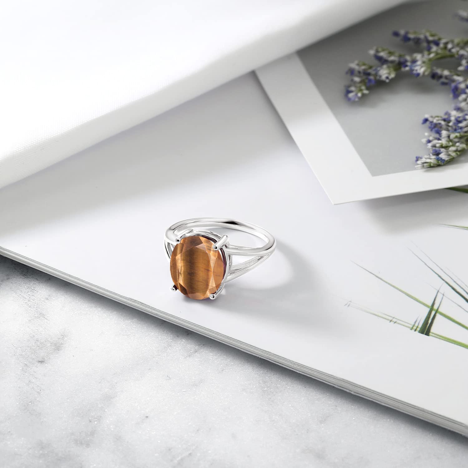 Gem Stone King 925 Sterling Silver Brown Tiger Eye Ring For Women (4.00 Cttw, Gemstone Birthstone, Oval 12X10MM, Available In Size 5,6,7,8,9)