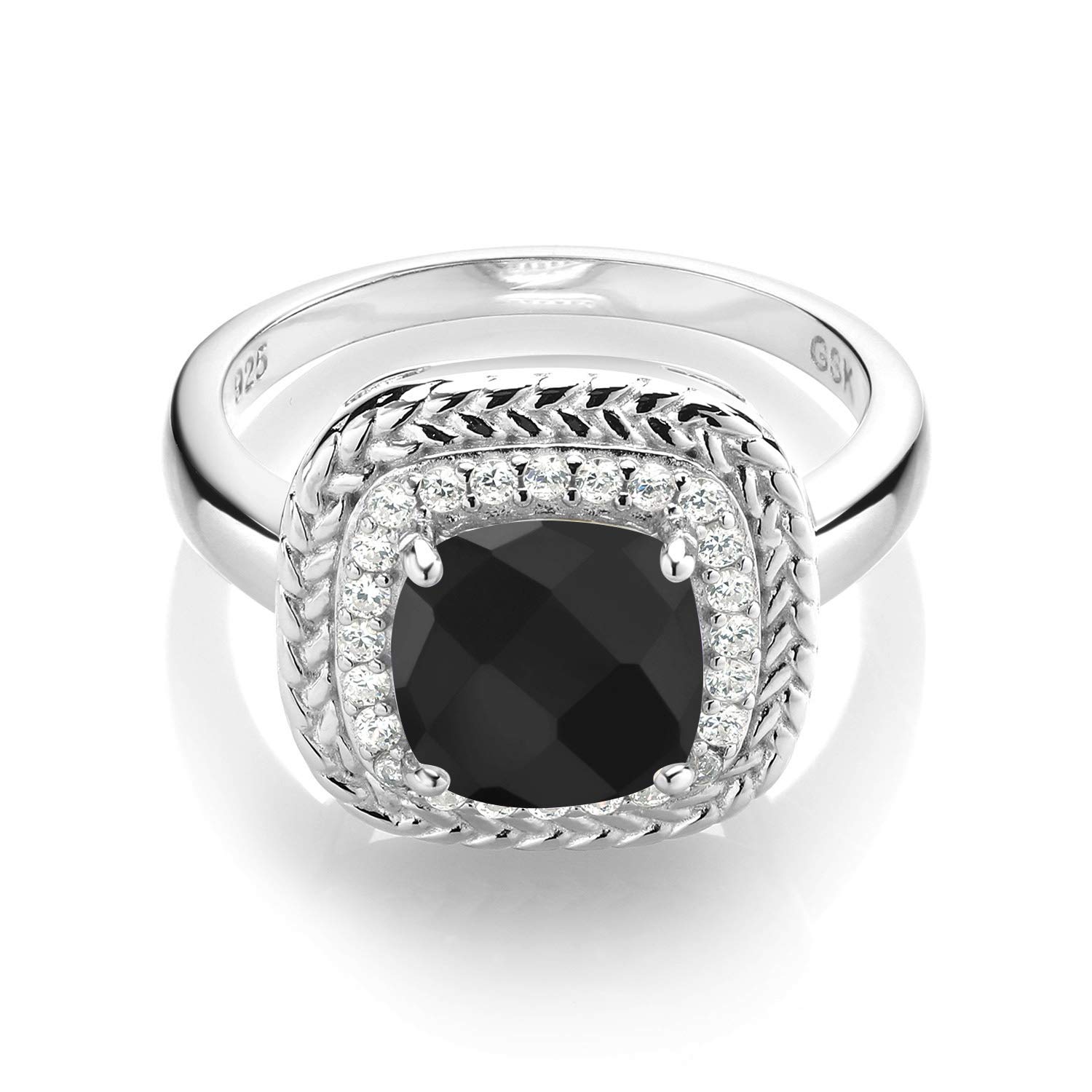Gem Stone King 925 Sterling Silver Black Onyx Engagement Ring For Women (2.11 Cttw, Cushion Checkerboard Cut 8MM, Gemstone Birthstone, Available in Size 5,6,7,8,9)