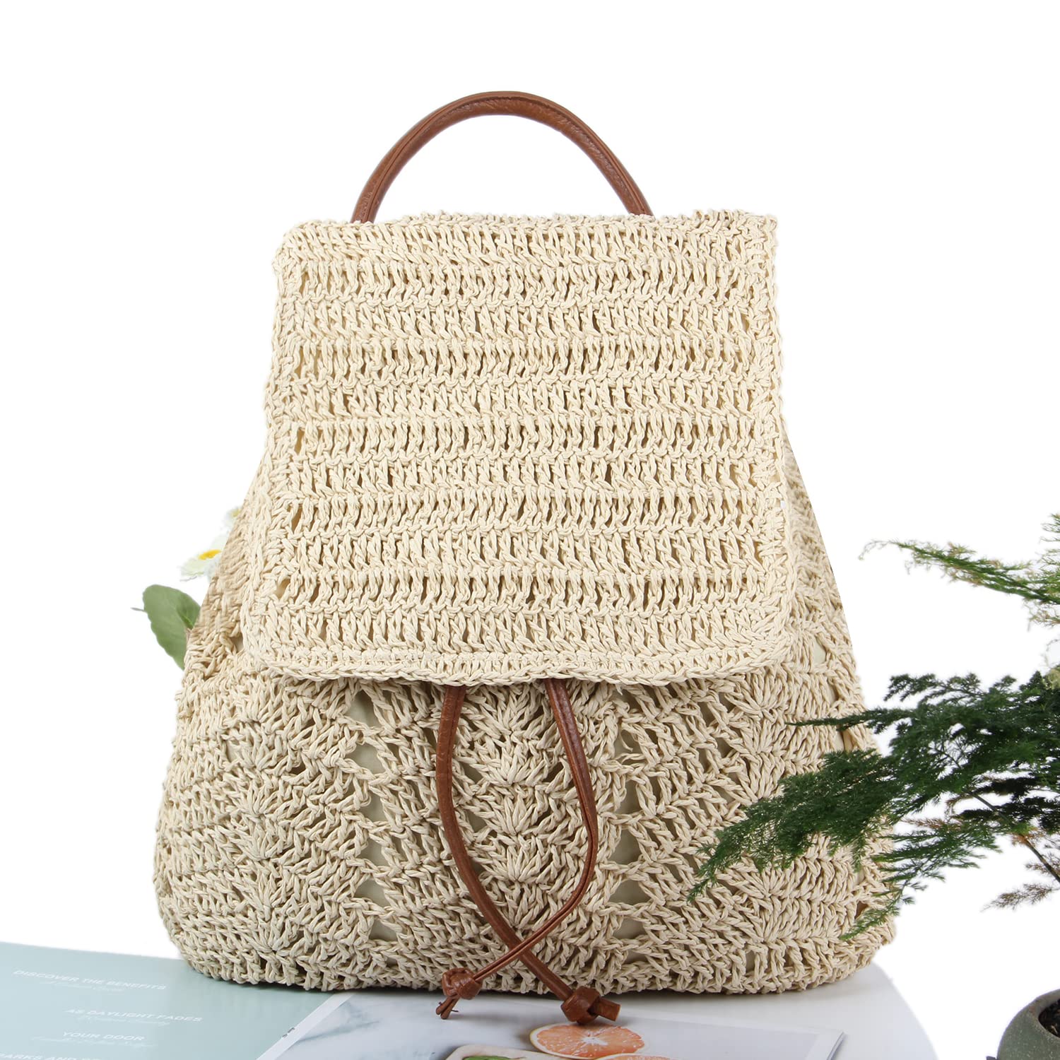Freie Liebe Women Woven Backpack Purse Summer Large Straw Flap Drawstring Handbags