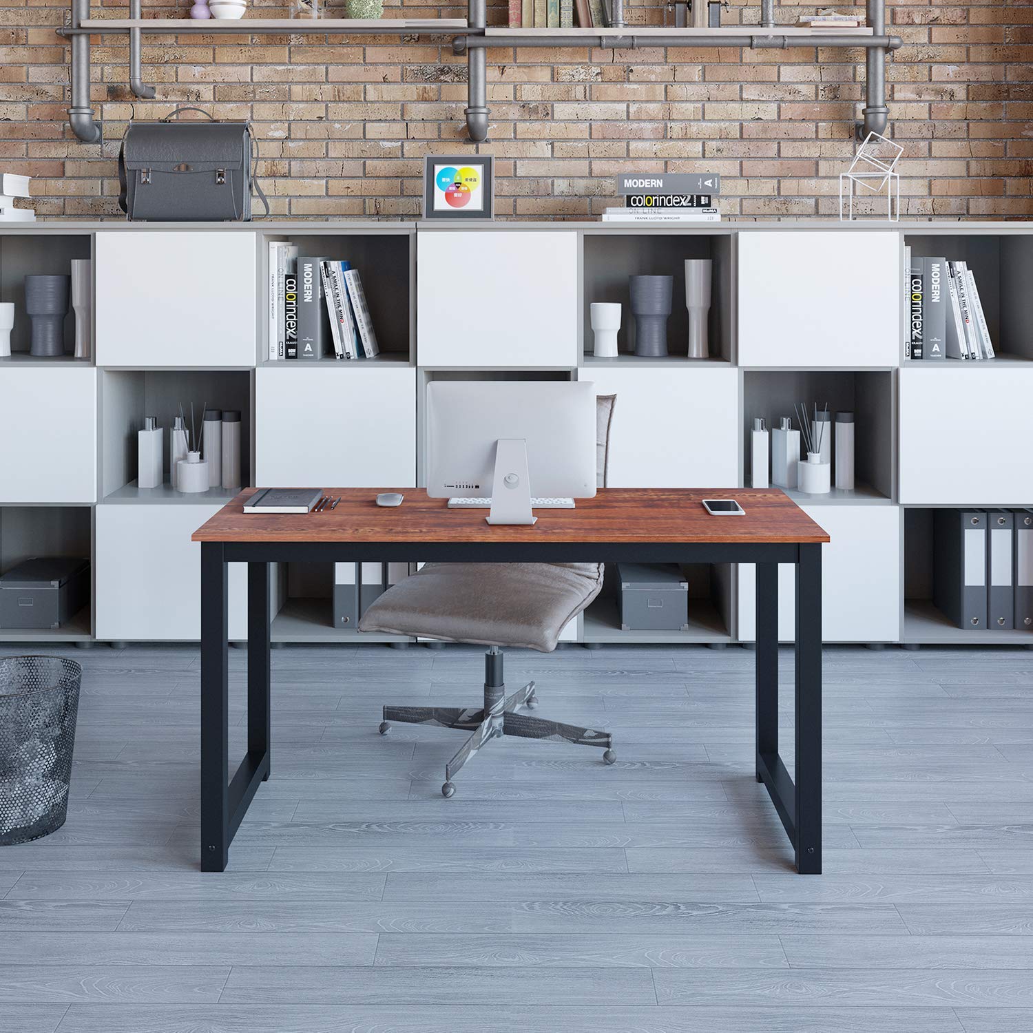 FSTAR 55" Writing Desk with Bar Sturdy Home Office Desk Modern Simple Design Computer Desk Writing Table for Home Office Large Space Workstation Metal Frame (55", Sandalwood)