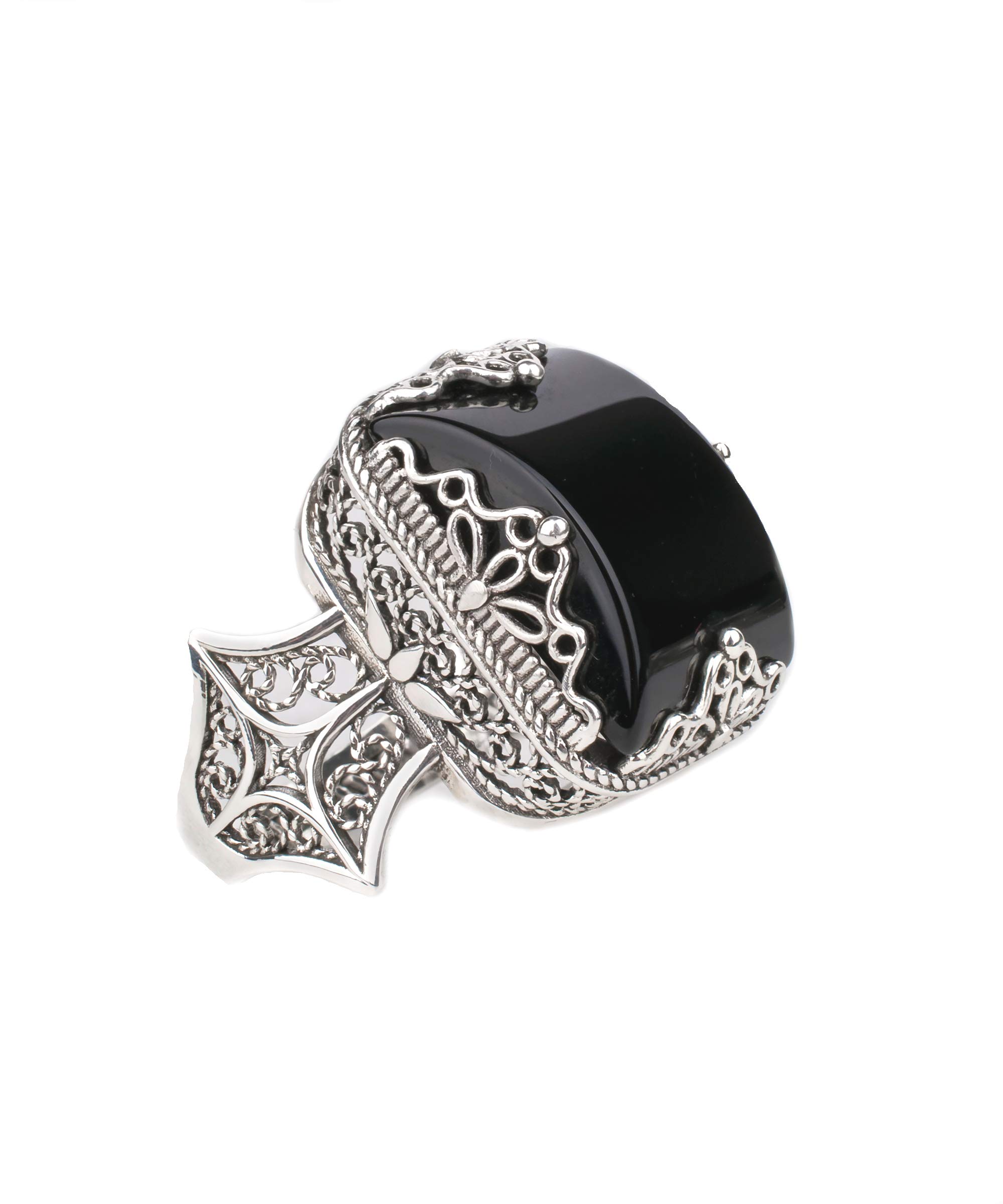 Genuine Unakite Black Onyx Gemstone 925 Sterling Silver Filigree Style Unisex Bold Ring Special for You and Your Precious (Size 5-12) (9, Onyx)