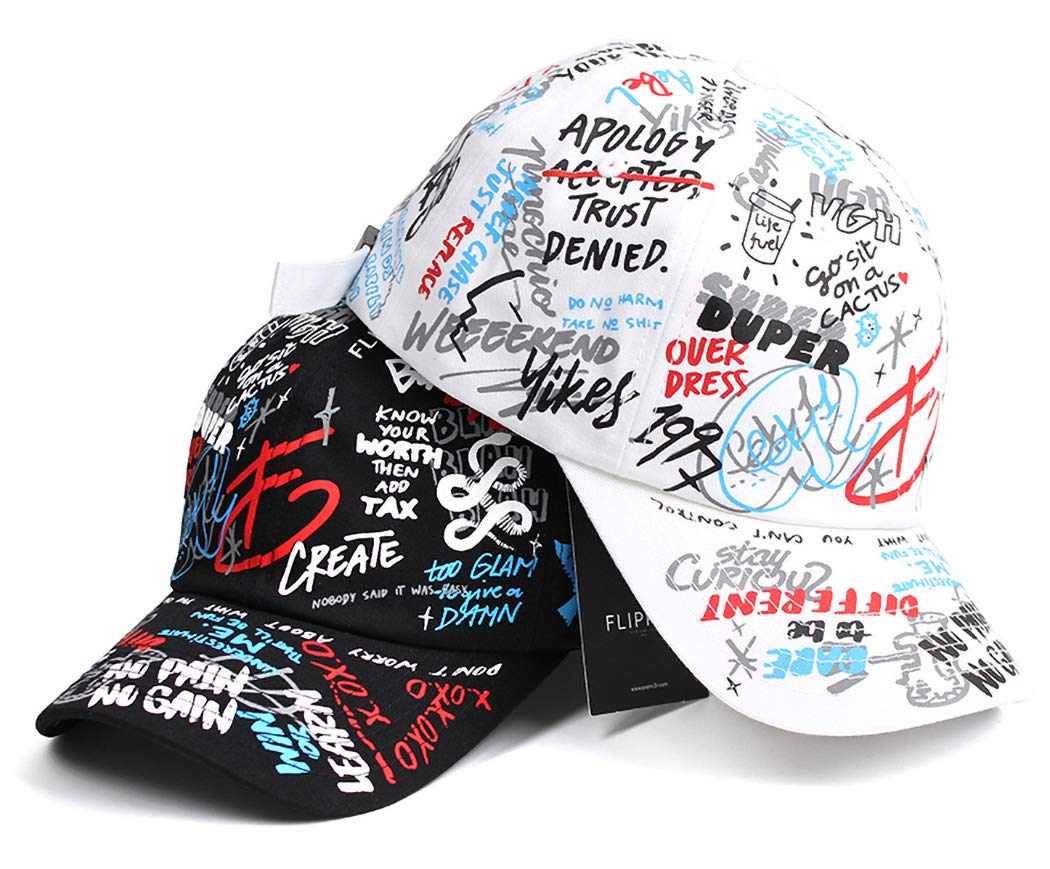 Flipper Designer Graffiti Doodle Cotton Baseball Cap for Men Women, Kpop Hat w/Curve Brim (White/Black, Free Size)