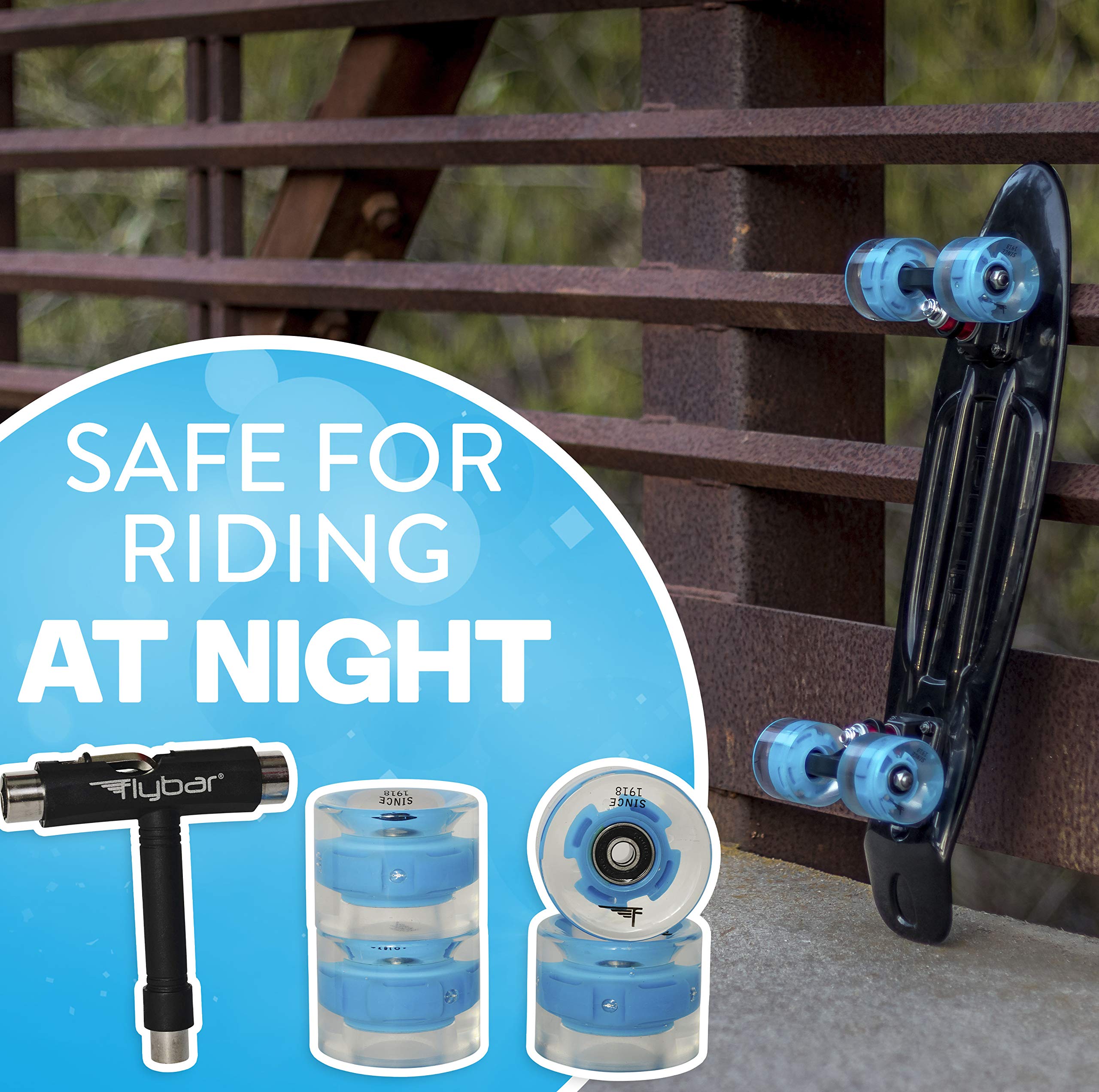 Flybar Skateboard Wheels - 4 Pack LED Light Up Wheels for Night-time Riding, Replacement Cruiser Skateboard Wheels, with Installation Tool ABEC-7 Bearings Skate Accessories (Blue)