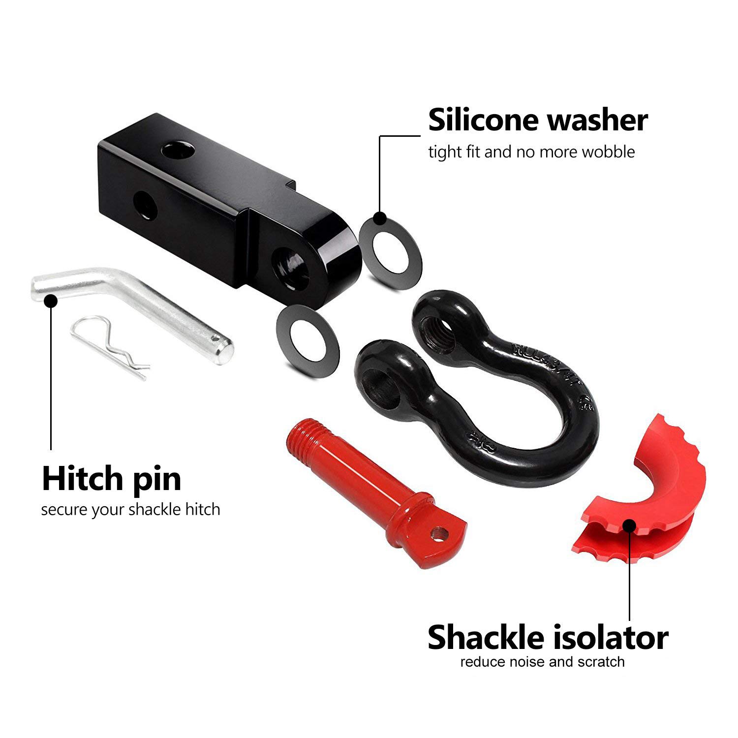 Forged Shackle Hitch Receiver (42000 Lbs Max Break) 2" Receiver & Pin + 3/4" Shackle, with Isolator & Washers. Heavy Duty Powder Coated