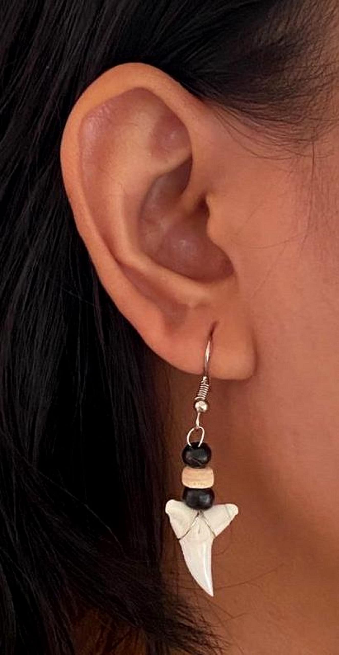 Genuine Mako Shark Tooth Earrings, Handmade Wooden Beads Dangle Shark Tooth Earrings for Women Jewelry GA056-A