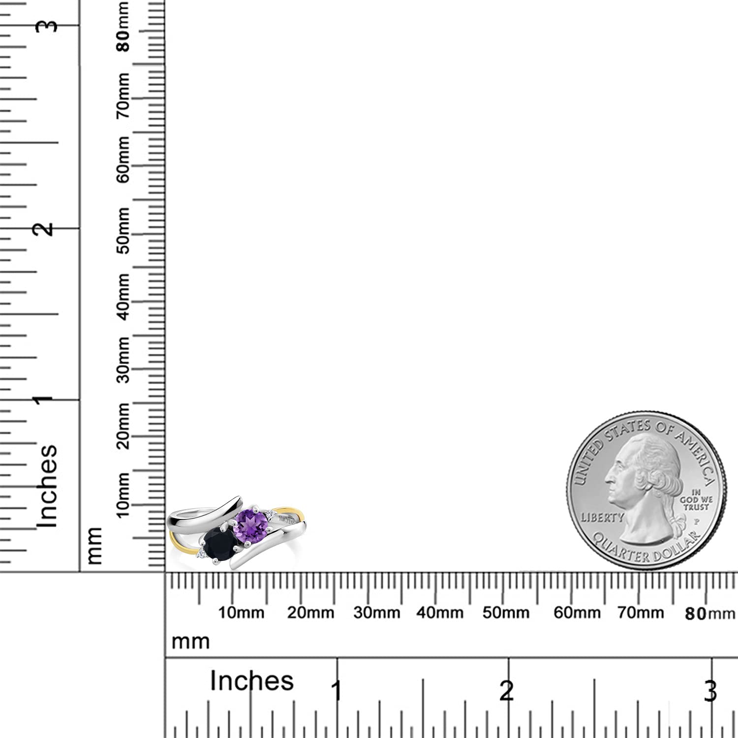 Gem Stone King 925 Sterling Silver and 10K Yellow Gold Purple Amethyst and Black Onyx Ring For Women (0.97 Cttw, Round 5MM, Gemstone Birthstone, Available In Size 5, 6, 7, 8, 9)