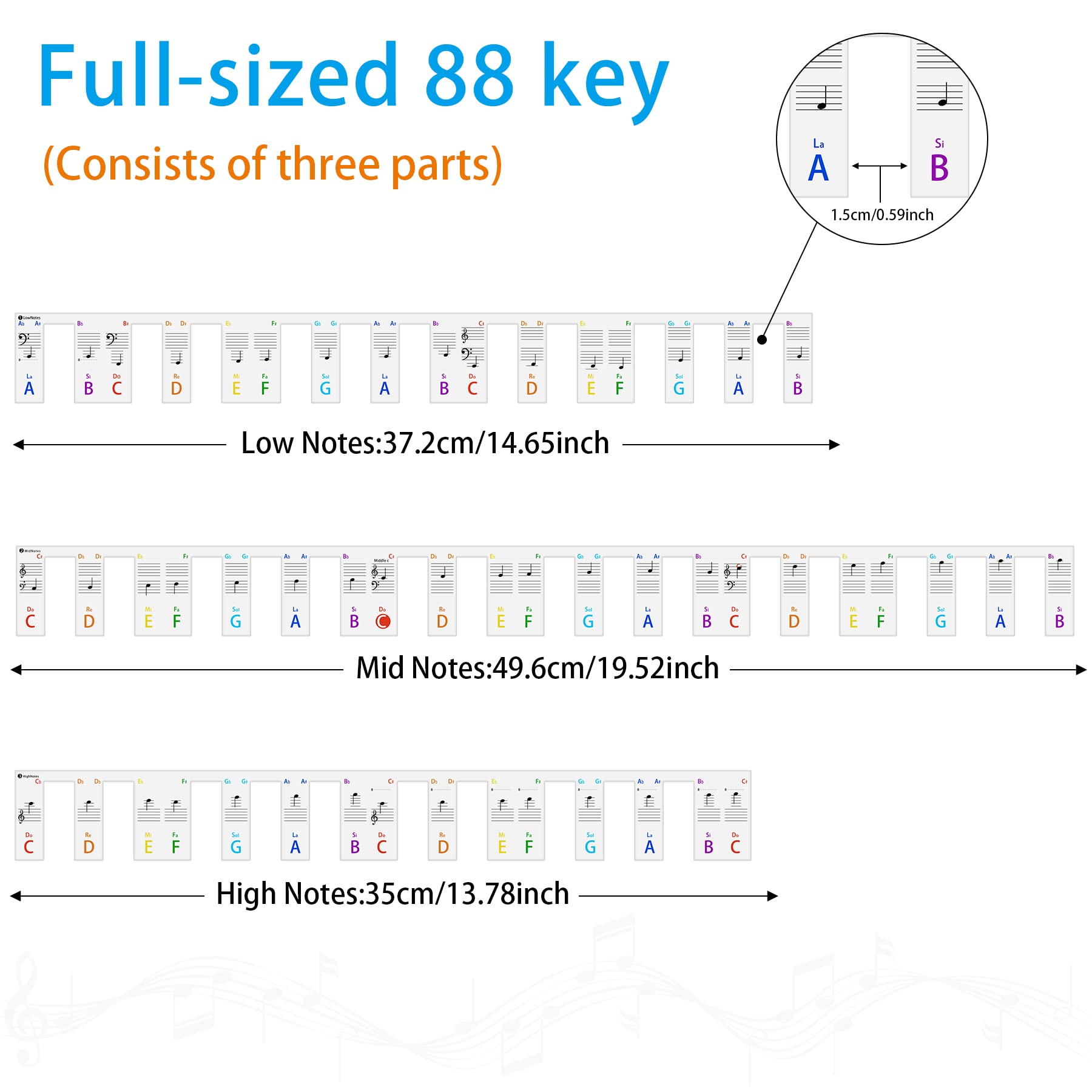 HAUTOCO Piano Keyboard Notes Guide for Beginner Reusable Silicone 88-Key Full Size Removable Piano Keyboard Note Labels, No Need Stickers, 88 Key Rainbow Colors with Box