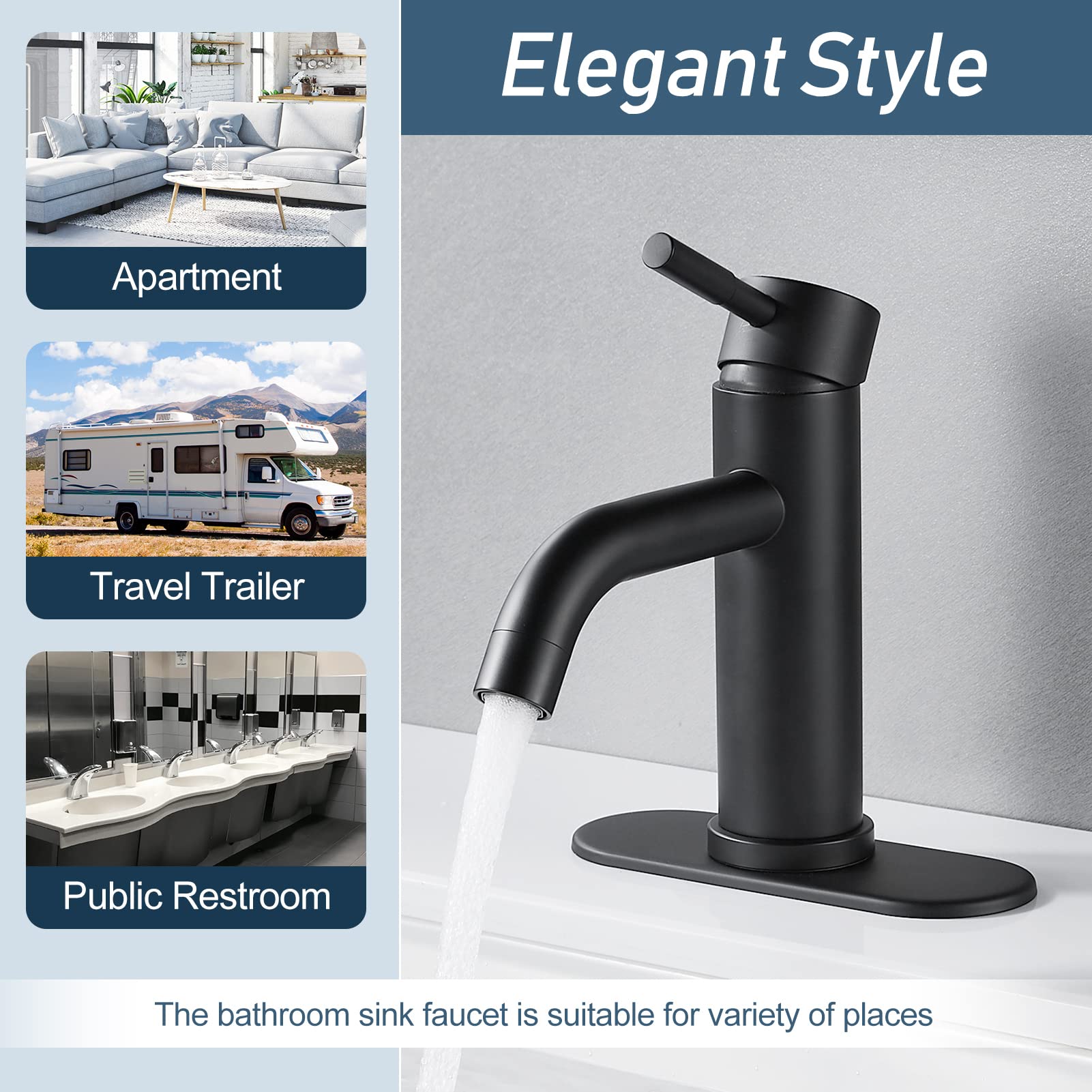 GENBONS Black Bathroom Faucet Single Hole RV Bathroom Faucet Stainless Steel Bathroom Sink Faucet 1 Hole with 3 Hole Deck Plate,Water Supply Lines with cUPC Certification