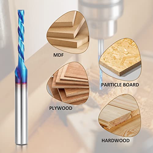 HQMaster 5 Pcs Spiral CNC Router Bits Set Down Cut 1/4β Shank Solid Carbide Spiral Downcut CNC Bits with Nano Blue Coating End Mill for Wood Cut Carving Engraver 1/8" Cutting Dia.