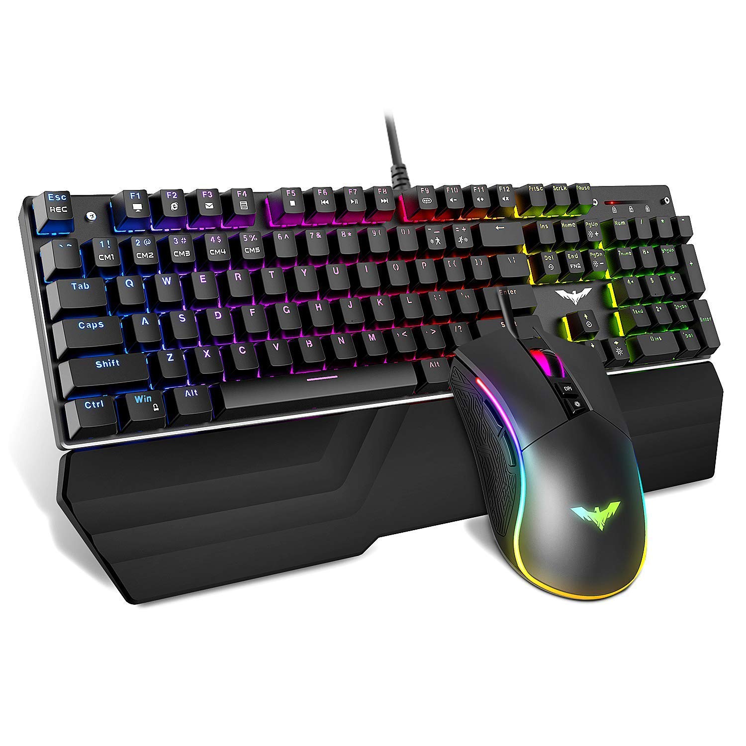 Havit Mechanical Keyboard and Mouse Combo RGB Gaming 104 Keys Blue Switches Wired USB Keyboards with Detachable Wrist Rest, Programmable Gaming Mouse for PC Gamer Computer Desktop (Black) (Renewed)