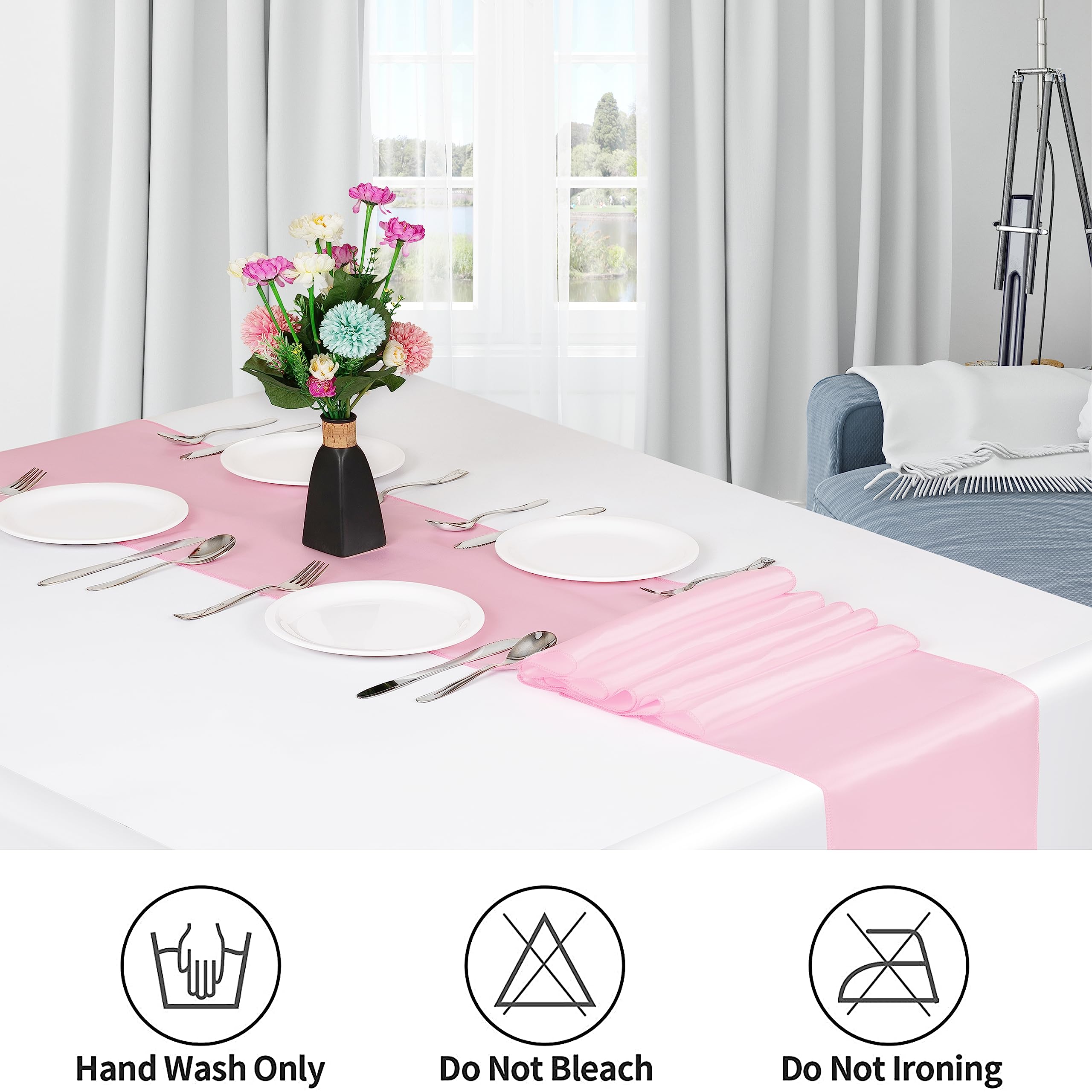 Fynite 12 Pack Satin Table Runner 12 x 108 Inches Long | Baby Pink Satin Table Runner for Party Wedding Banquet Decorations | Bright and Smooth Silk Fabric Party Table Runner - Baby Pink