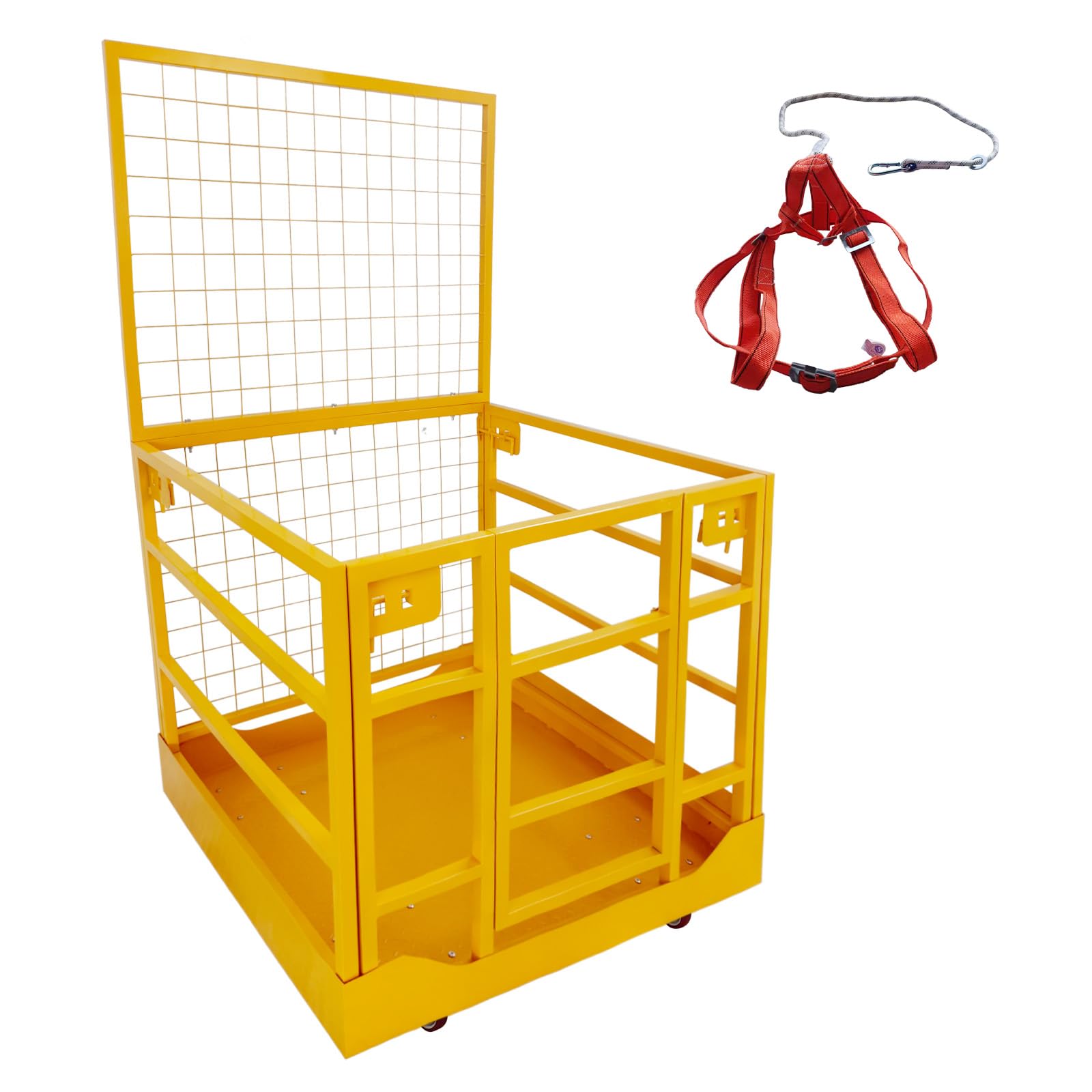 Forklift Safety Cage, 43" x 45" Forklift Basket with Wheel, 1400 lbs Capacity Folding Forklift Work Platform with with Safety Harness, Collapsible Aerial Platform for Lifting Loader