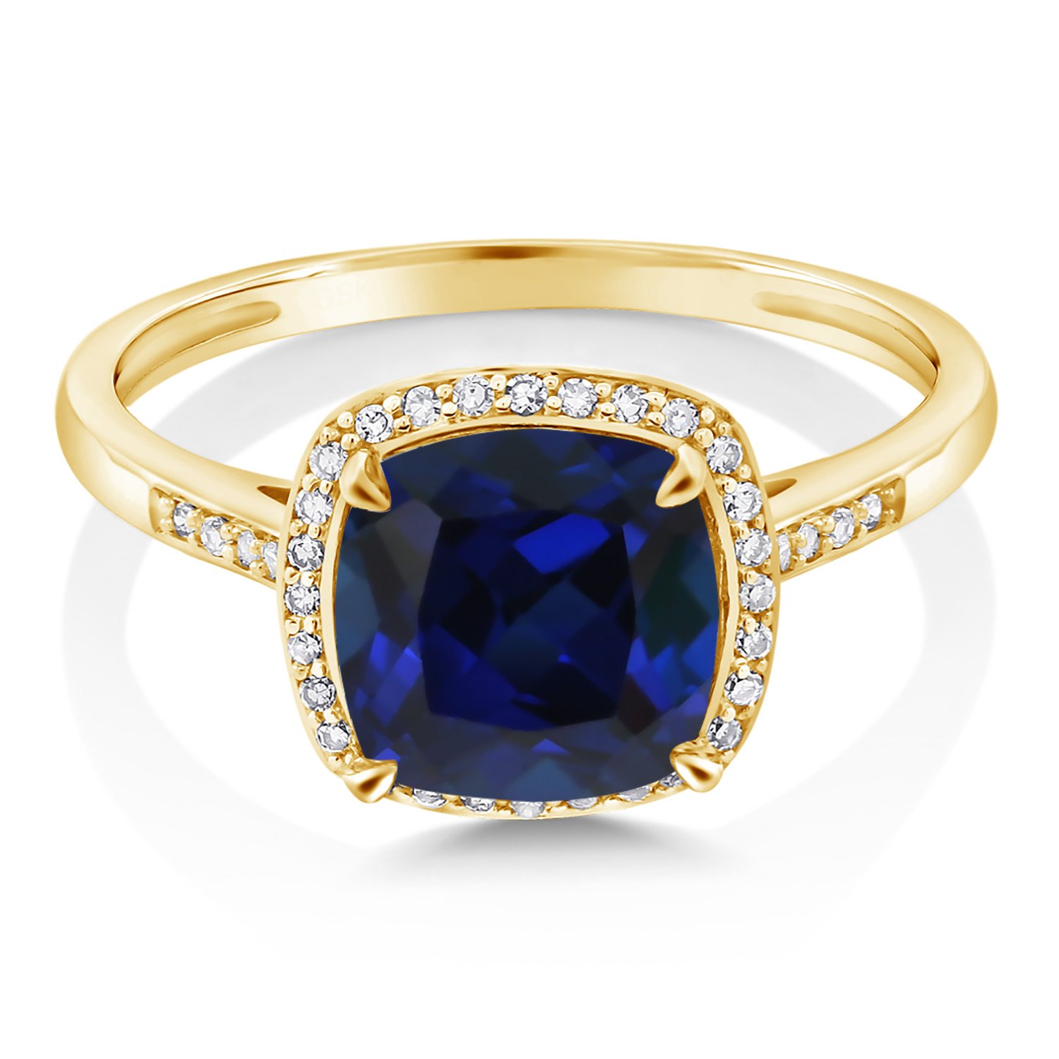 Gem Stone King 10K Yellow Gold Blue Created Sapphire and Diamond Engagement Ring For Women | 2.50 Cttw | Cushion 8MM | Yellow Gold Ring | Available in size 5, 6, 7, 8, 9