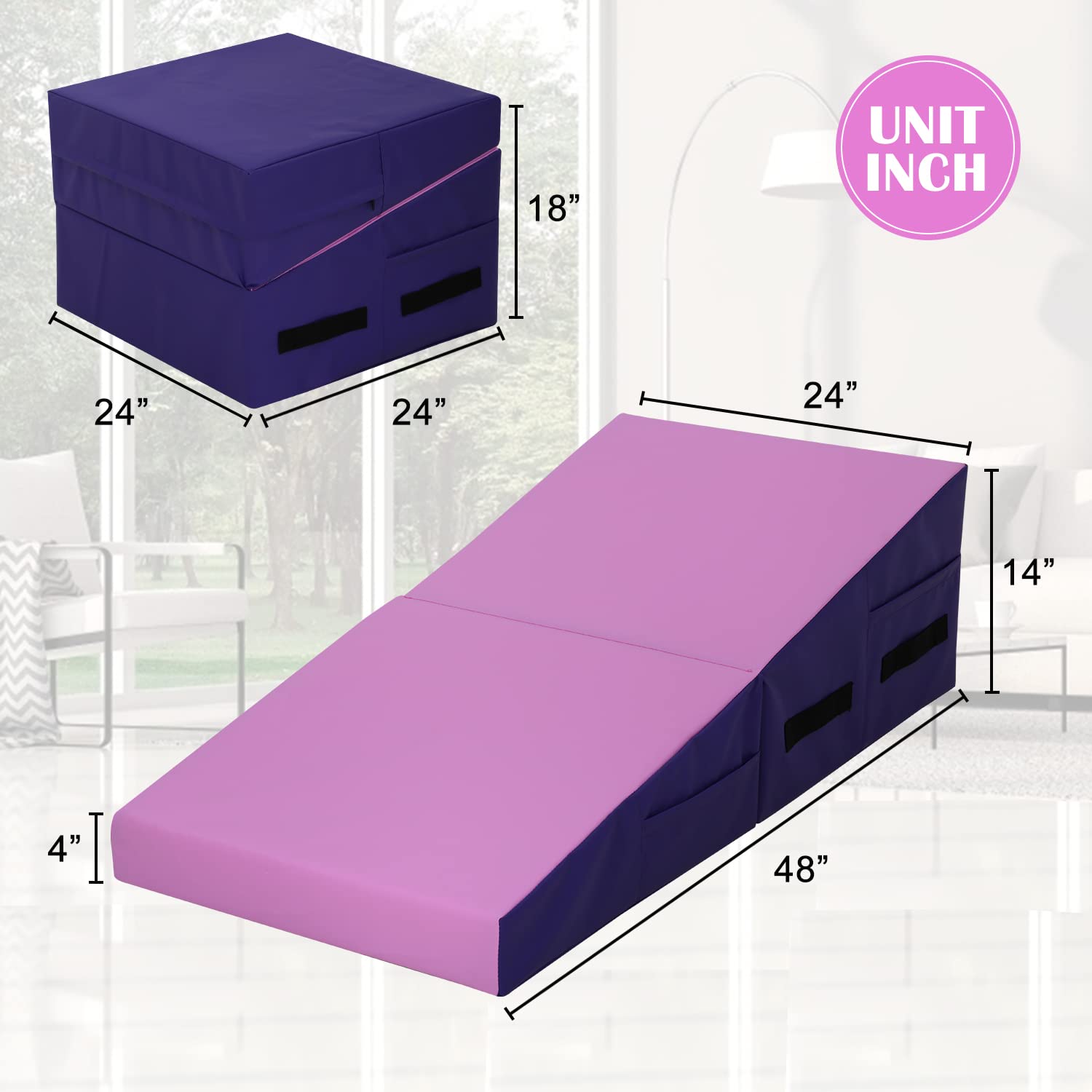 Gymnastics Mat 48x24 Inch Folding Incline Gymnastics Mat with Handle for Kids' Indoor/Outdoor Exercise, Tumbling, Skill Training, Gym Exercise, Cheese Mat, Gymnastics Wedge (Pink)