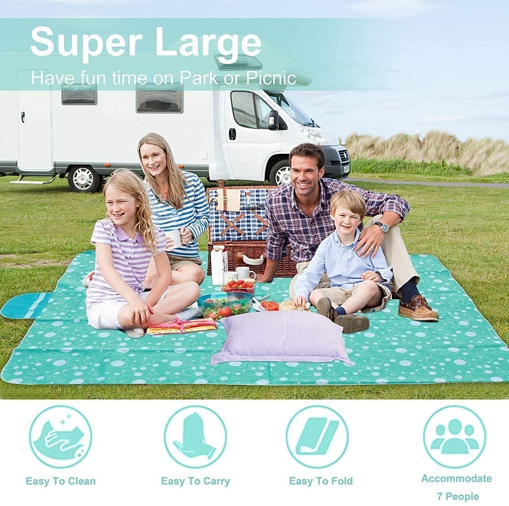 FUMISO Picnic Blanket, 80''x59'' Extra Large Beach Blanket, Waterproof & Sand-Free Mat for 4-6 Adults' Camping, Hiking & Picnics (Blue, Bubble)