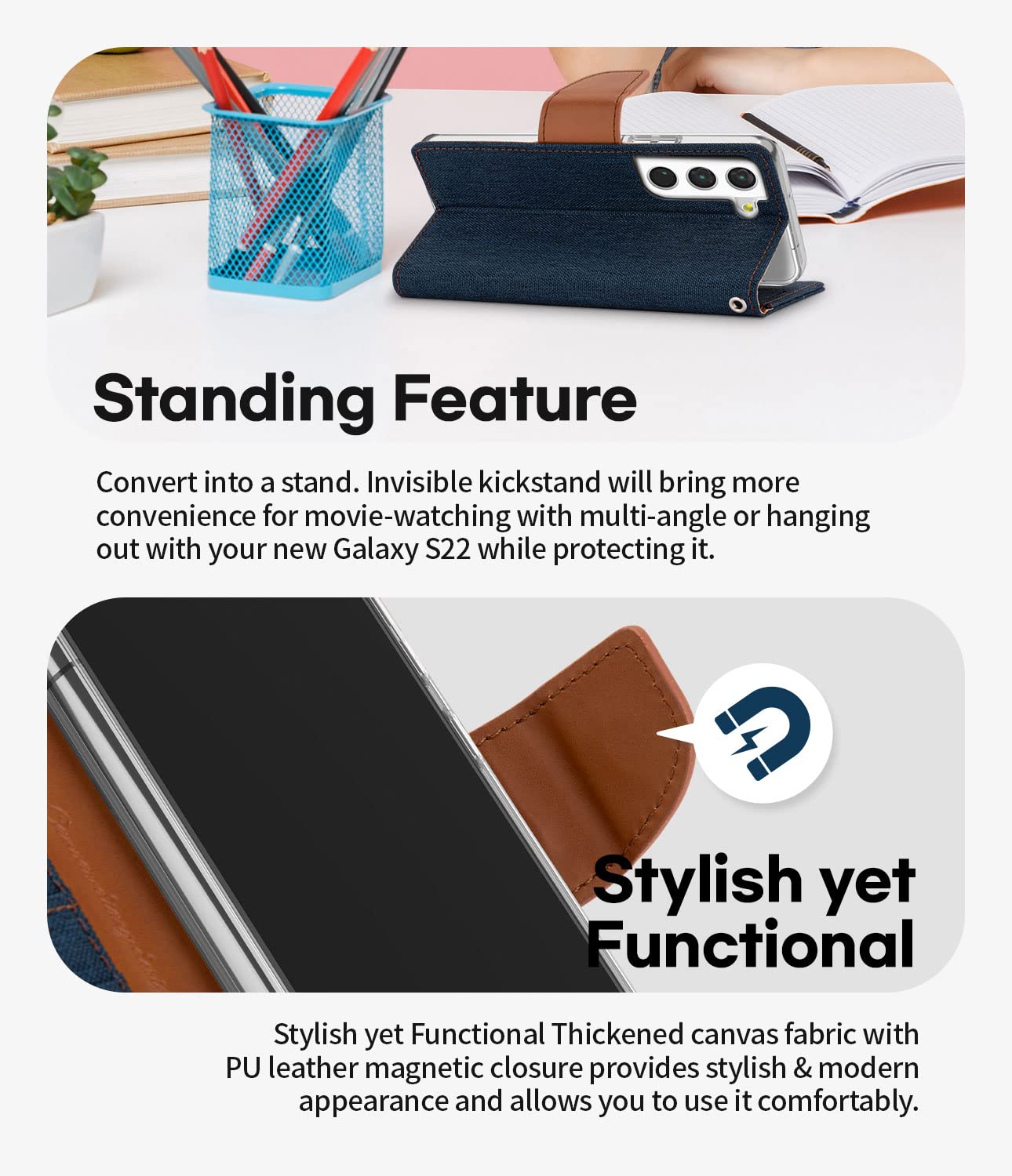 GOOSPERY Canvas Wallet Designed for Samsung Galaxy S22 Wallet Case, Stylish Denim Fabric Design [3 Card Slots & 1 Side Pocket] [Standing Feature] Card Holder Flip Phone Cover - Navy Blue