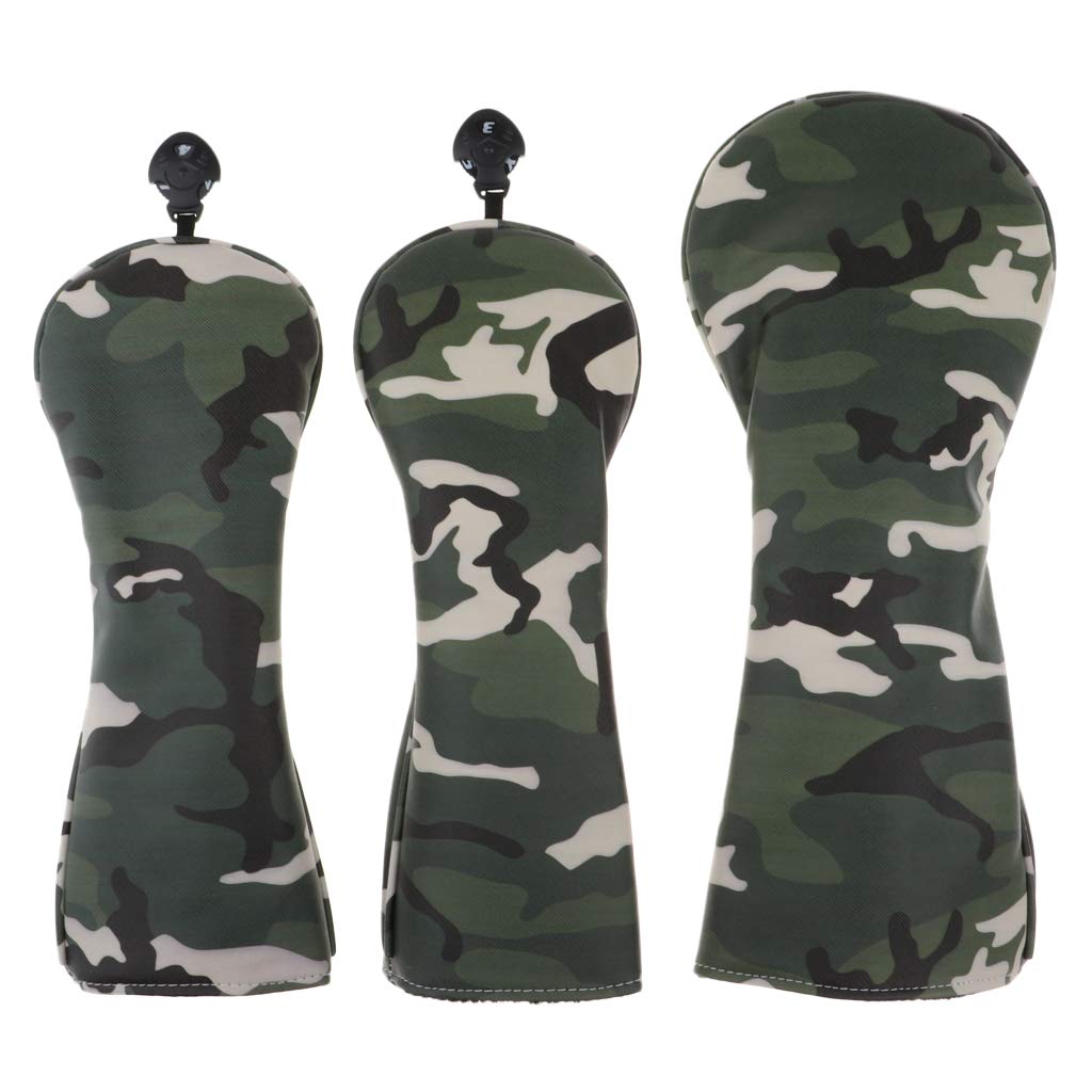 freneci 3Pcs Durable PU Sports Golf Wood Driver Head Cover Replacement for Golfer Gift - Green Camo