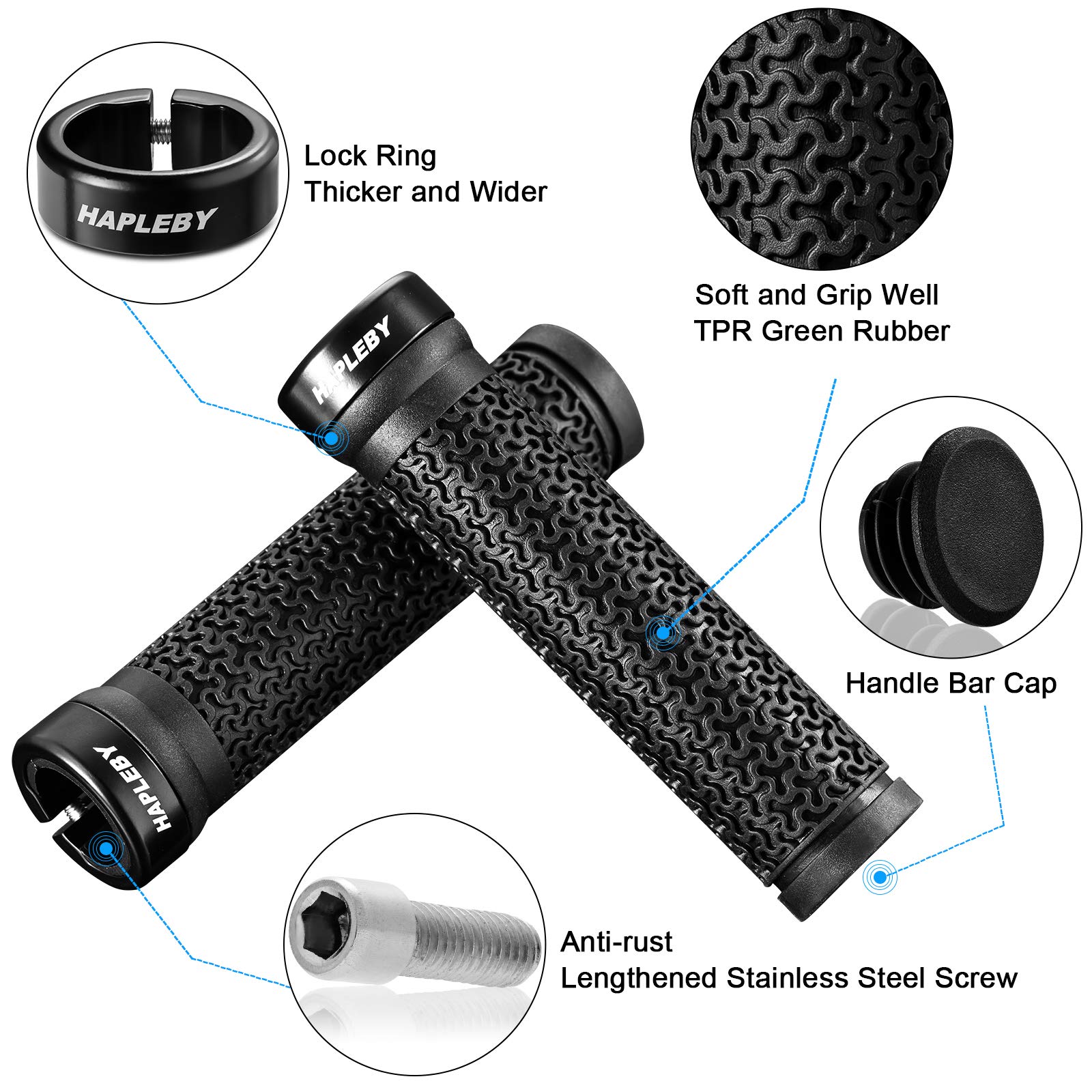 Hapleby Premium Bike Handlebar Grips, Single Lock-on Bike Grips, Professional Mountain Bicycle Handlebar Locking Grips with Anti-slip, 2PCS Screw and 2PCS Allen Wrench for Free