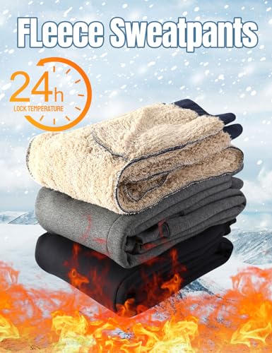 Flygo Men's Winter Warm Active Fleece Joggers Pants Athletic Sherpa Lined Sweatpants(02 Black-L)