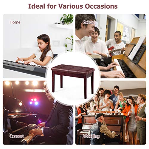 GOFLAME Piano Bench with Padded Cushion and Music Storage, Comfortable Double Duet Seat with PU Leather and Wooden Legs, Perfect for Professional or Home Use (Brown)
