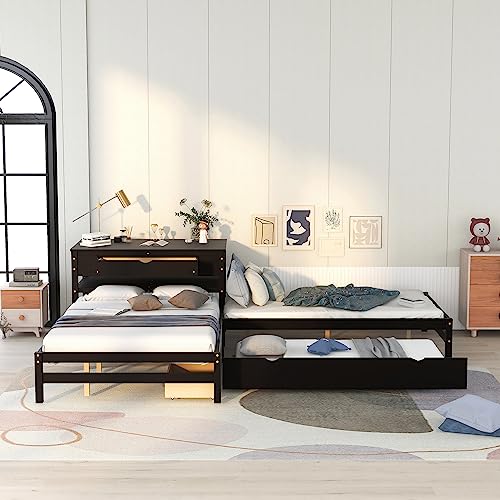 Full Size L Shaped Bed Platform Bed with Trundle and Drawers Linked with Built-in Rectangle Table, Wooden Bed Frame for Kids Teens Adults (Espresso)