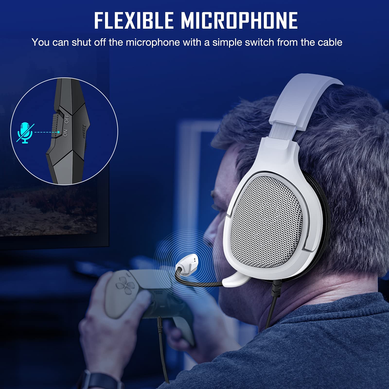 Gaming Headsets for PC Gamer with Removal Microphone, Noise Cancelling Mic, EUROA Over Ear Computer Headphones, Light Weight, Adjustable Headband, Soft Memory Foam White