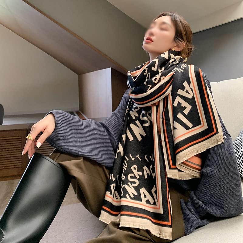 GPPZM Winter Scarf Women Soft Border Letters Scarves Wraps Thick Long Shawl Stoles Hijabs (Color : A, Size : One Size)