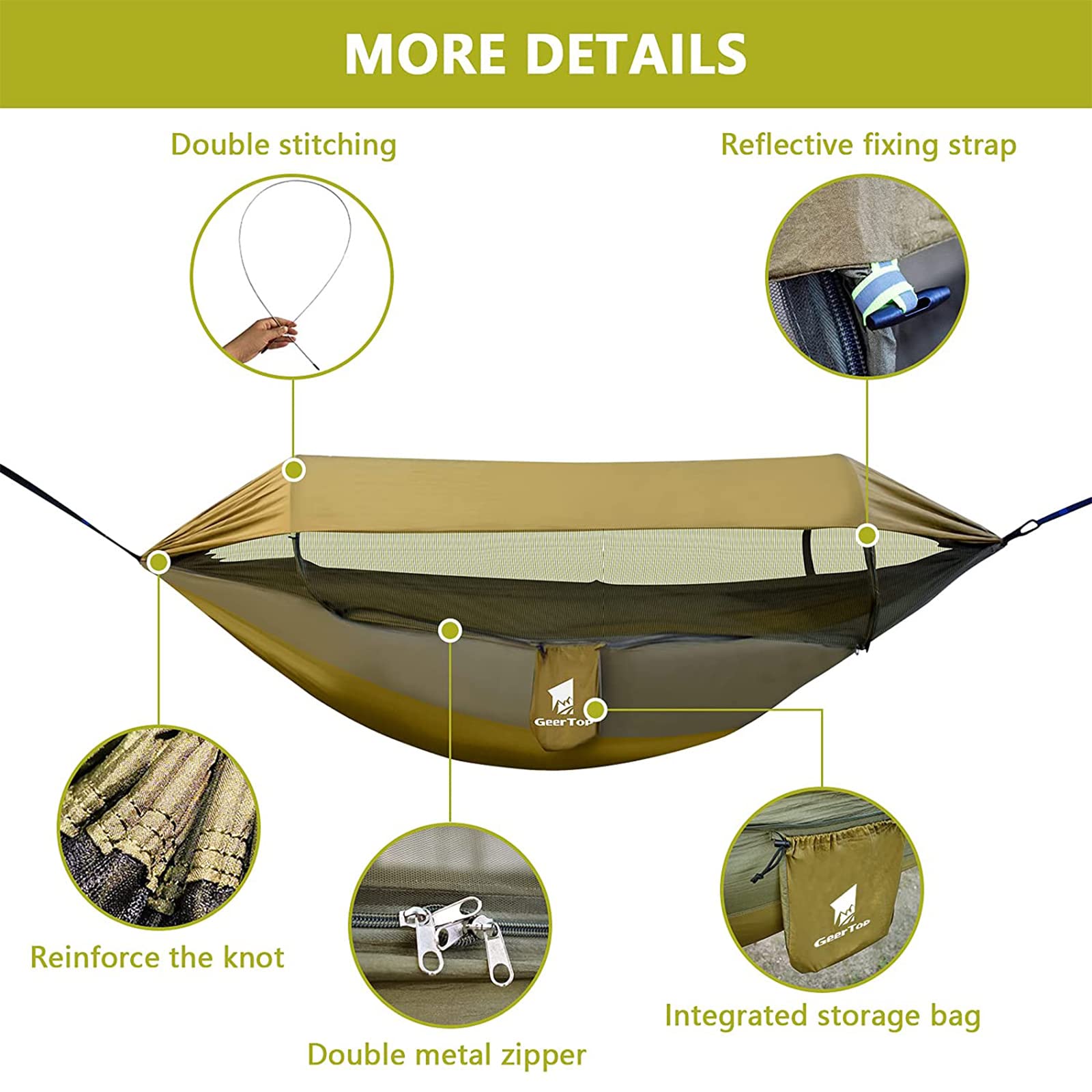 GEERTOP Portable Camping Hammock with Net Lightweight Backpacking Hammock with Tree Straps for Outdoor Camp, Hiking, Beach, Backyard