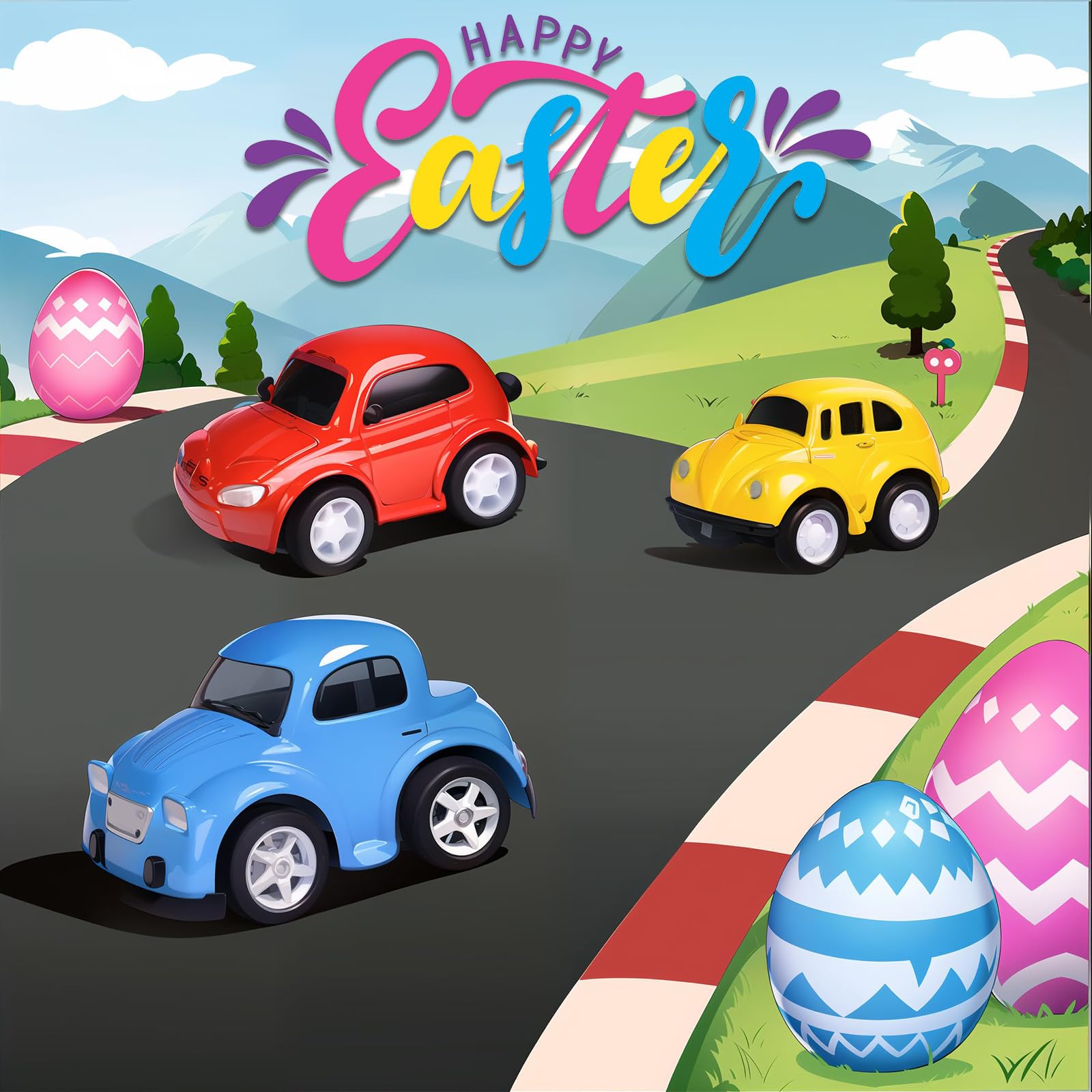FUN LITTLE TOYS 12 PCs Easter Eggs Prefilled with Pull Back Cars for Kids, Toy Vehicles Easter Party Favors Easter Basket Stuffers, Easter Egg with Toys Inside for Fillers Egg Hunt Classroom Prizes