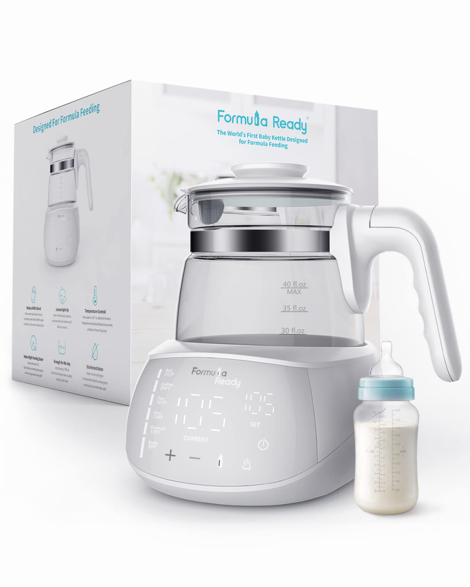 Formula Ready Baby Water Kettle- One Button Boil Cool Down and Keep Warm at Perfect Temperature 24/7 - Dispense Water Instantly- Replace Traditional Bottle Warmer
