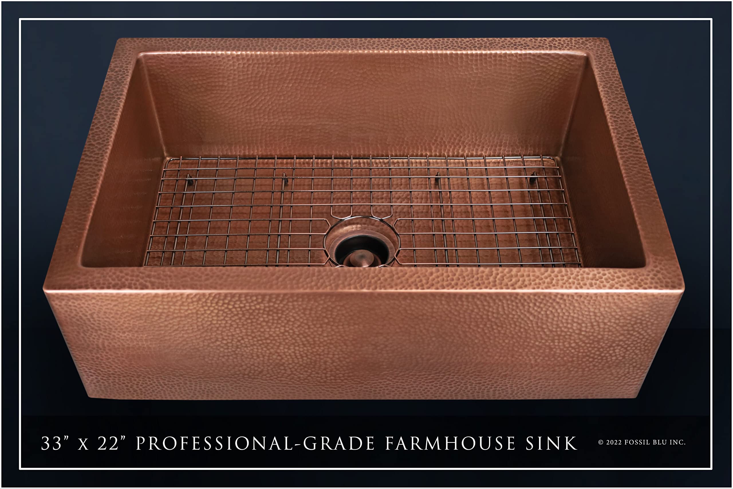 FSW1105 LUXURY 33-INCH HEAVY 12-GAUGE MEDIUM PATINA COPPER FARMHOUSE SINK, INCLUDES ACCS, FLAT FRONT