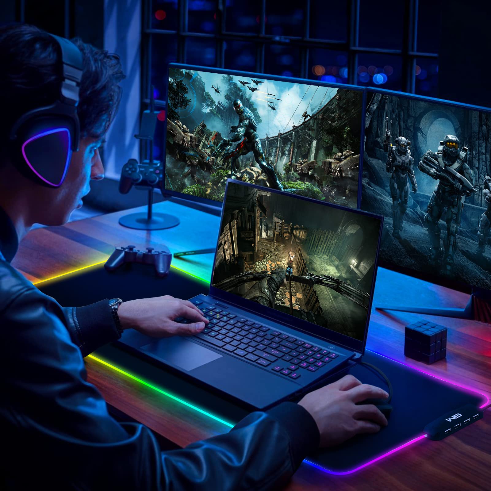 GIM RGB Gaming Mouse Pad, 4 USB Port, 14 Lighting Modes, 5mm Ultra Thick, Oversized Glowing Led Extended Mousepad, Anti-Slip Rubber Base Waterproof Keyboard Mouse Mat 31.5×11.8 inches
