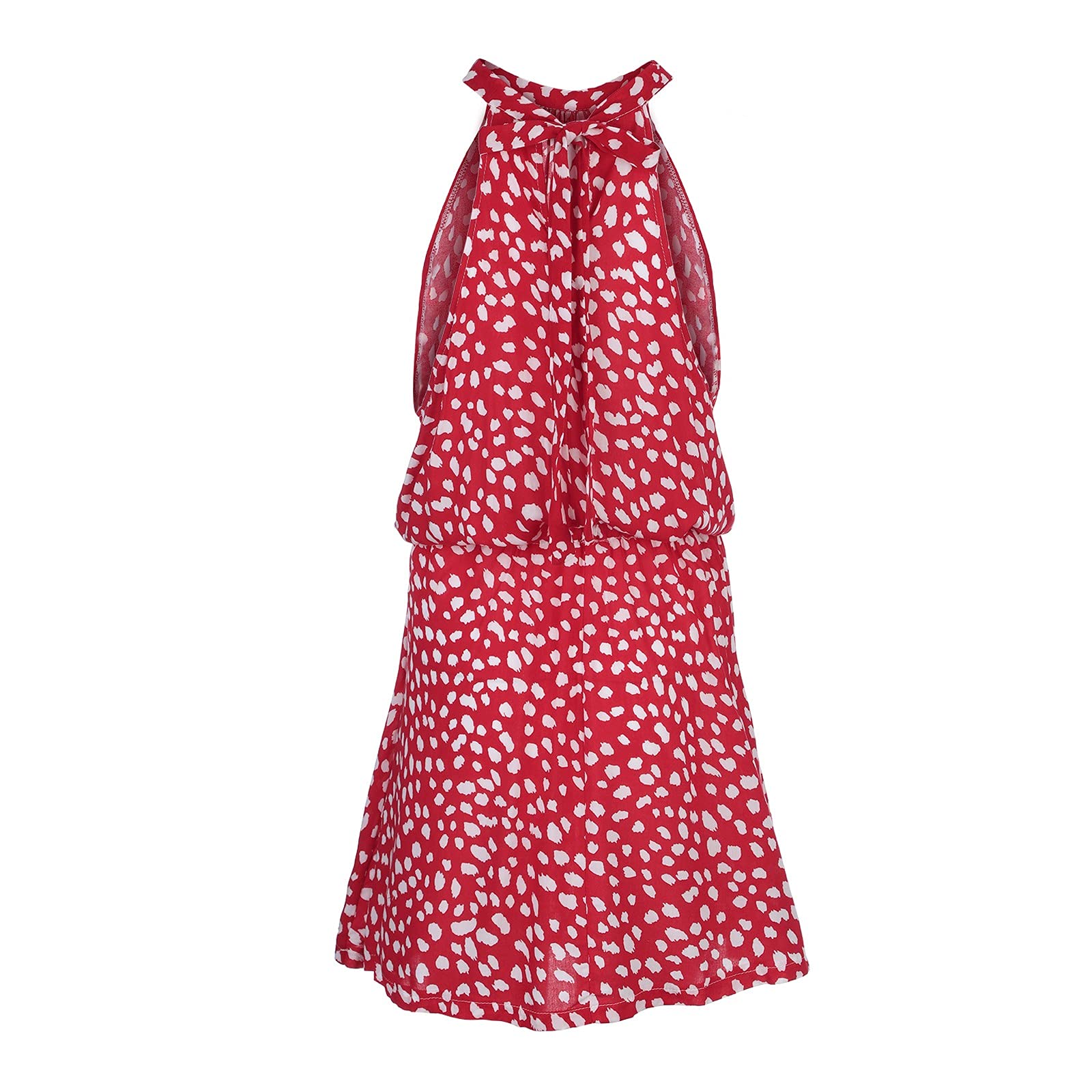 Halter Mini Dress Graphical Printing Crewneck Sundress Back Tie Up Sleeveless Swing Beach Dress for Women Red