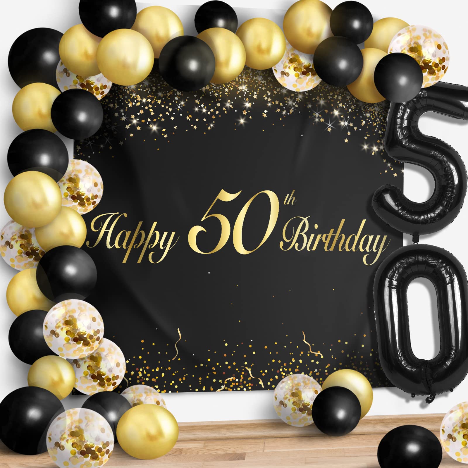 Happy 50th Birthday Balloons Black Set Decor - Cheers to 50 Years Old Party Theme Garland Banner Backdrop Decorations For Women and Men Supplies
