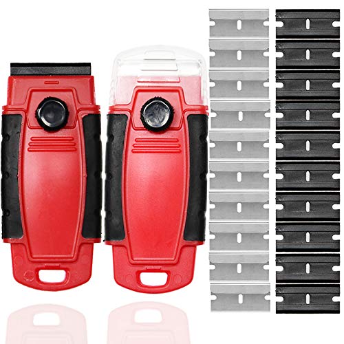 WEKOIL Plastic Razor Blade Scraper Hand Held Window Vinyl Tint Scraper with Protective Cover Razor Blade Red Scraper,10 Metal Razor Blades 10 Black Plastic Scraper Blades Removal Scraping Tool Kit