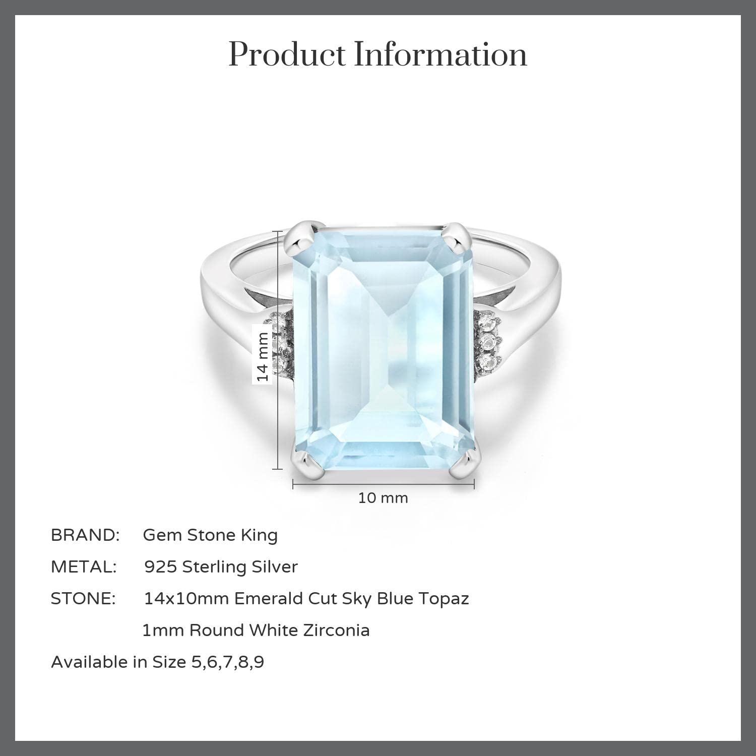 Gem Stone King 9.42 Ct Emerald Cut Sky Blue Topaz 925 Sterling Silver Ring (Size 5)