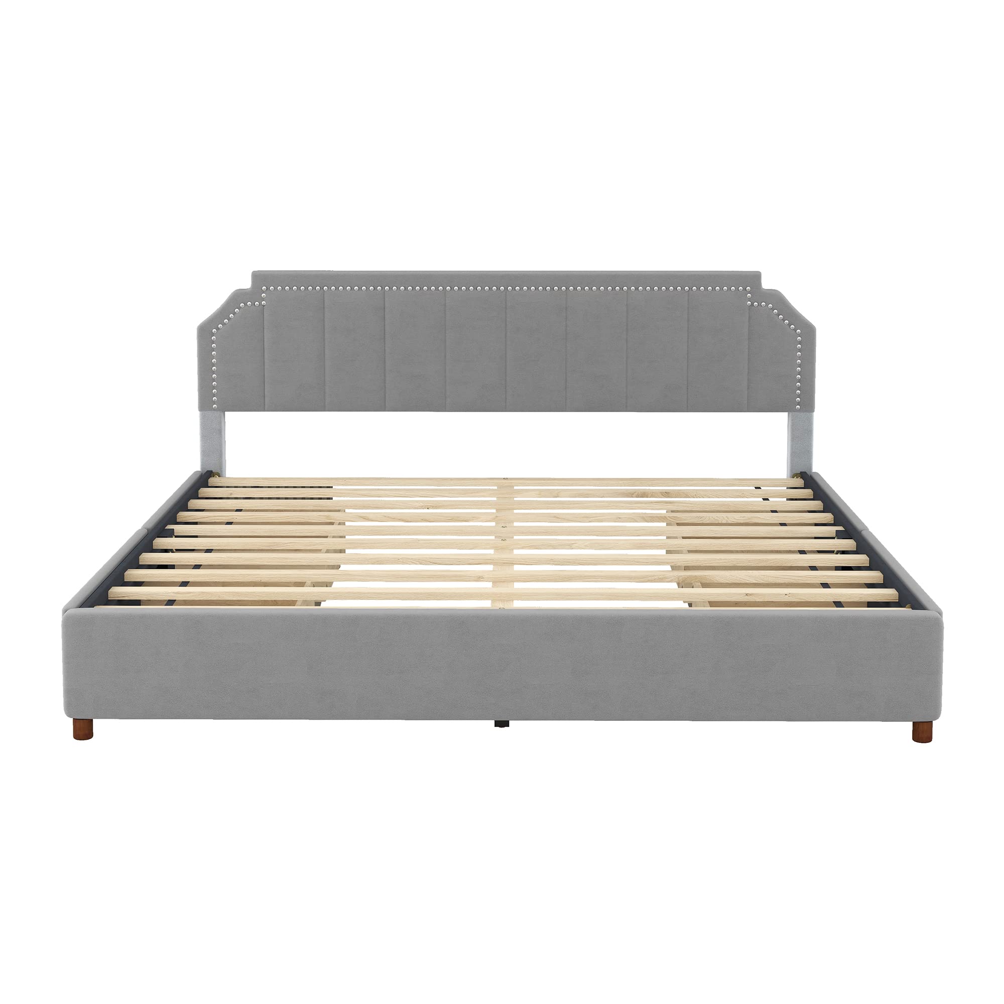 GINGVAT Upholstered King Size Platform Bed Frame with 4 Storage Drawers and Headboard, Wooden Slats Support,No Box Spring Required,Grey