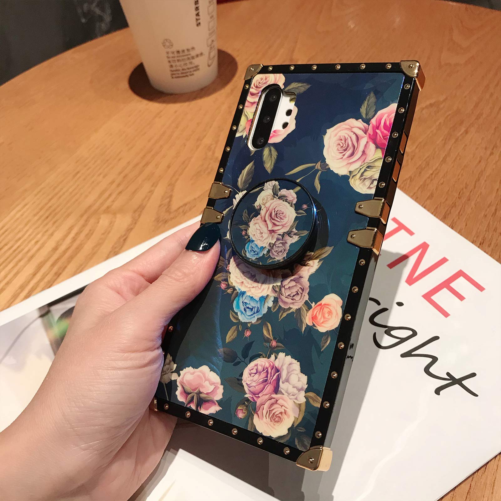 Galaxy Note 10 Plus 5G Square Case with Stand Holder Rose Floral Flower Luxury Elegant Soft TPU Shockproof Protective Metal Decoration Corner Back Phone Case Women Girls Lady for Galaxy Note 10+ 5G