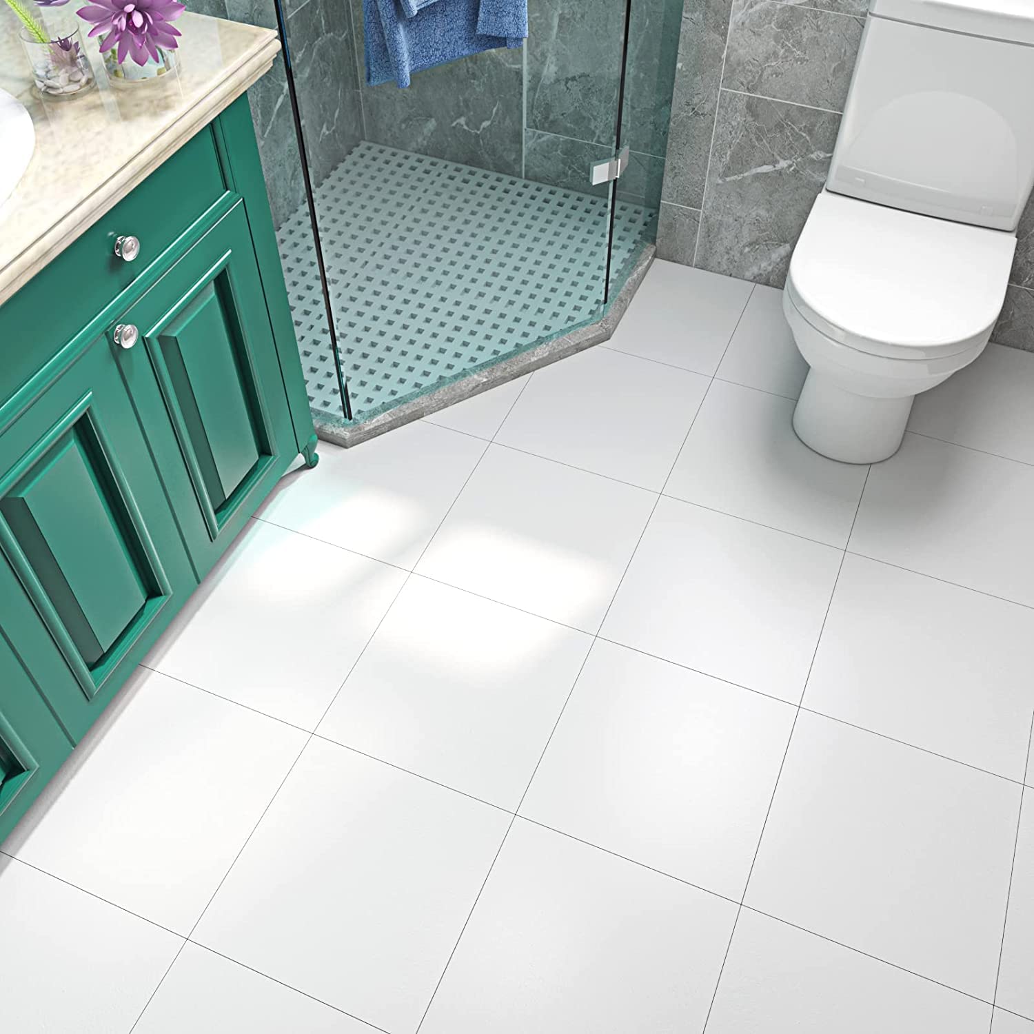 FunStick Peel and Stick Floor Tile Waterproof 12x12 In White Vinyl Flooring Peel and Stick Flooring for Bathroom Stick on Floor Tiles Removable Sticky Tiles for Kitchen Bedroom Laminate Flooring 5 Pcs