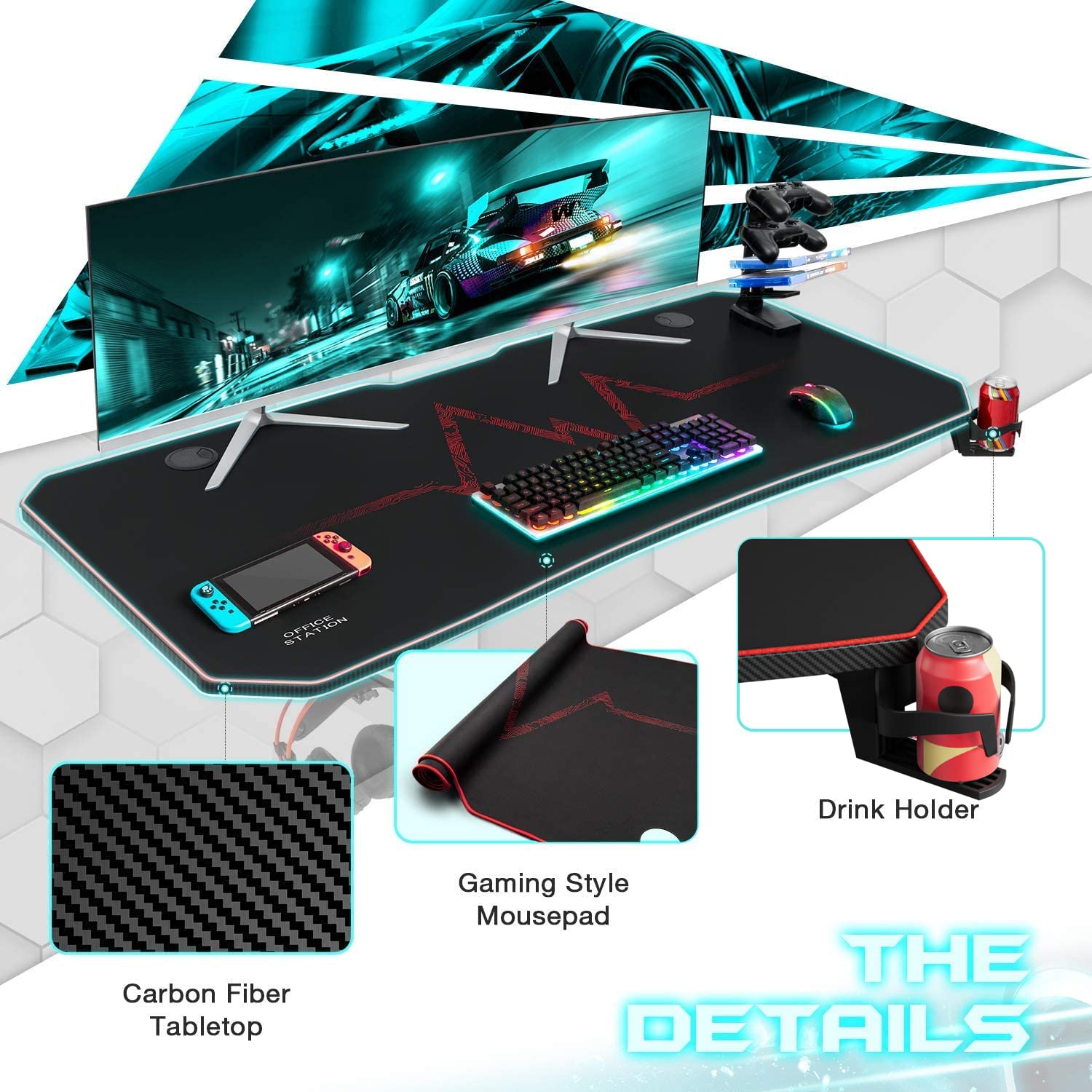 Furmax Gaming Desk T-Shaped Pc Computer Table with Carbon Fiber Surface Free Mouse Pad Home Office Desk Gamer Table Pro with Game Handle Rack Headphone Hook and Cup Holder (Red, 55 Inch)
