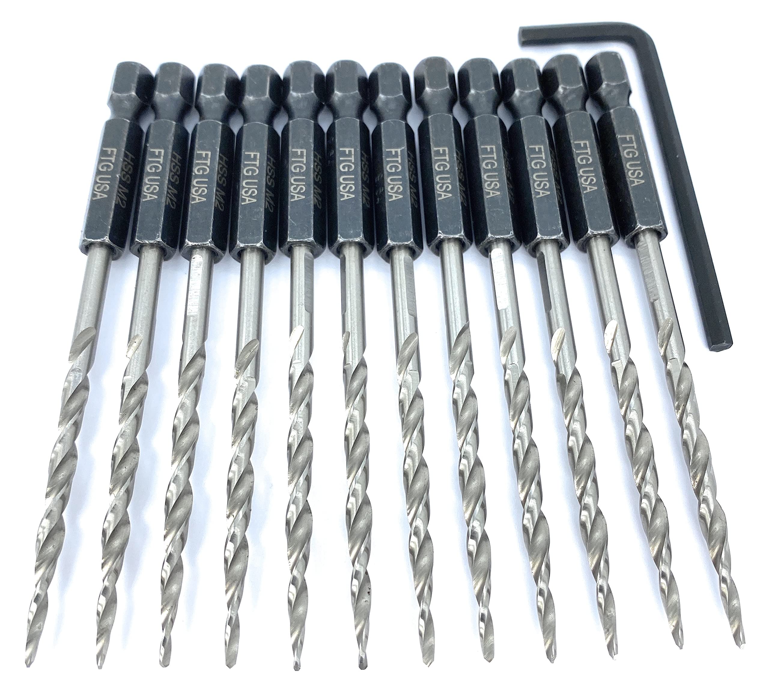 FTG USA Tapered Countersink Drill Bit Set 12 Pc (#6) 9/64" Countersink Bit Same Size Bit Replacement Only, Countersink Replacement Drill Bit with Improved Connection Drill-Hex Shank Without a Pin