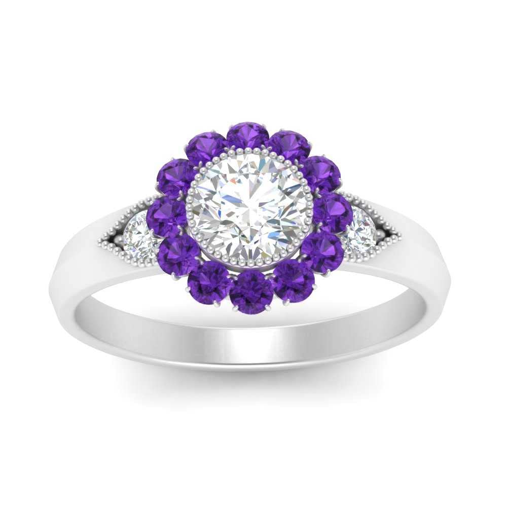 Gemsonclick Delicate Victorian Round Antique Engagement Ring sterling silver Natural Amethyst Round shape purple color Halo Engagement Rings prong setting. in Size 11 Birthstone