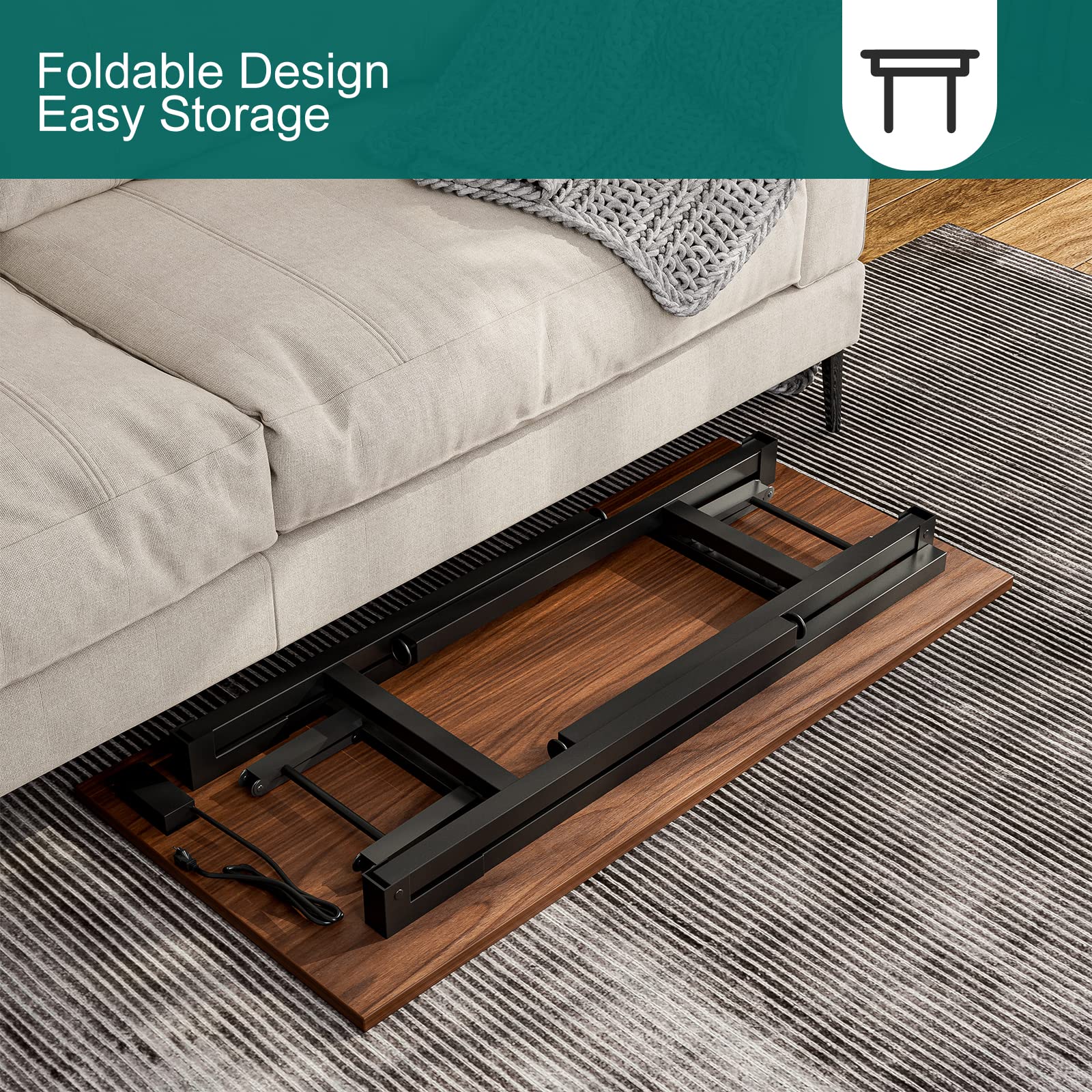 Frylr Small Foldable Desk 43.3''X 19.6''X 29.5'',Foldable Table with 2 Power Sockets and 2.1A USB Charging Ports, Folding Computer Desk for Home Office, No Install Needed, Walnut + Black Leg
