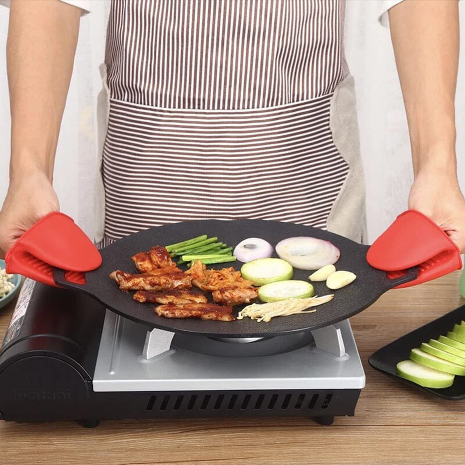 Korean Non-stick Round Baking Pan, 8 in 1 Korean BBQ Grill Pan,Non-stick Granite Coating,Round Griddle Pan, for Both Home and Outdoor stoves Grilling, Frying, Sauteing (12 inches)