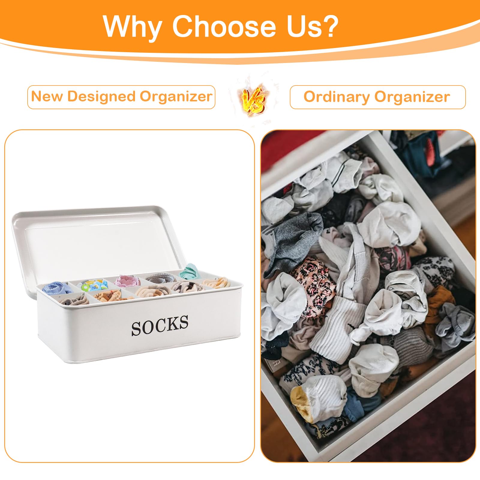 Gdfjiy Storage Bin, Metal Storage Organizer with Lid & 10 Adjustable Grids, Socks Drawer Organizer for Closet, Underwear, Panty, Ties, Ornament (White, 12 inches Wide, 1.0 lbs)